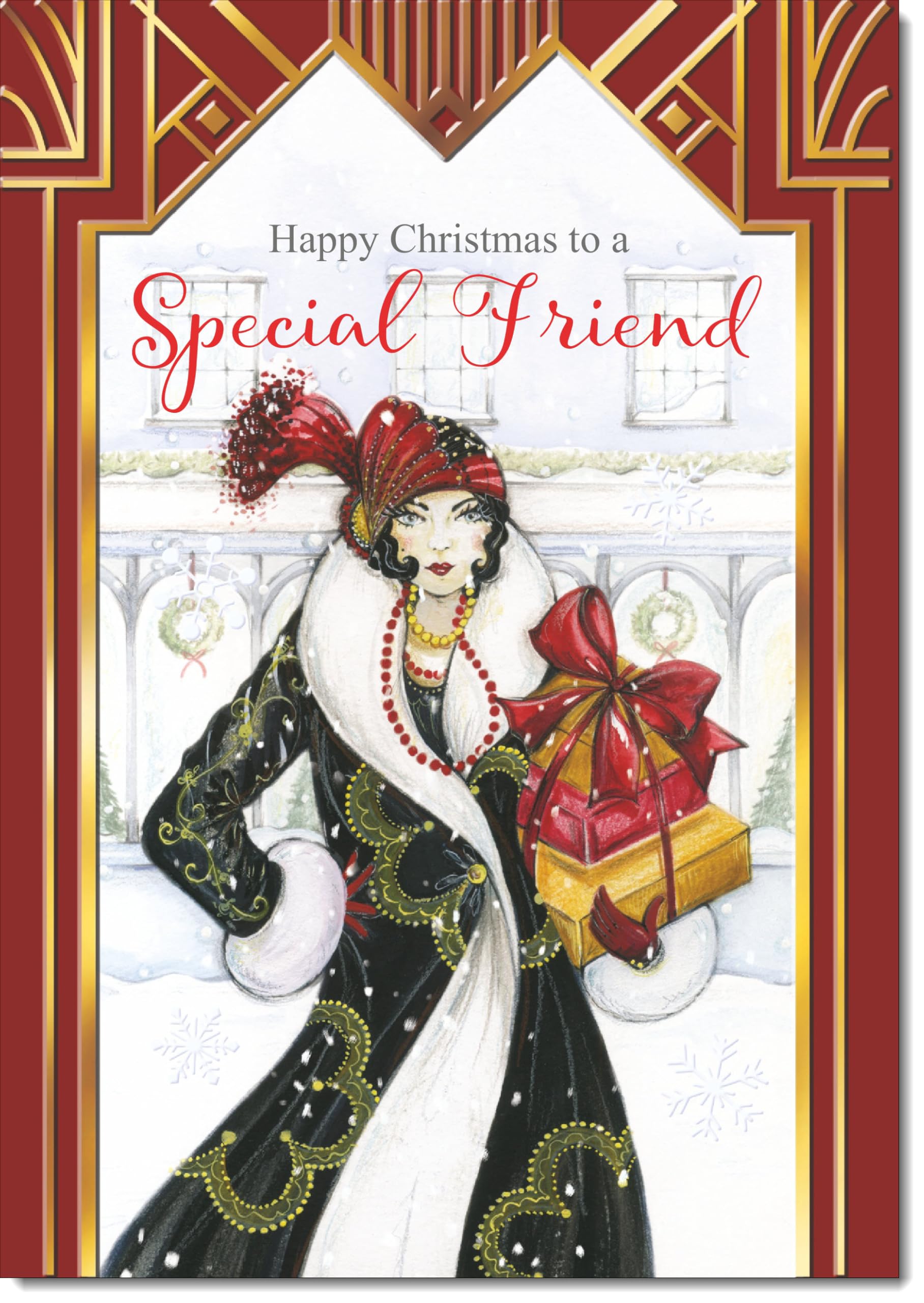 doodlecards Special Friend Christmas Card Lady with Parcels Medium Size ...