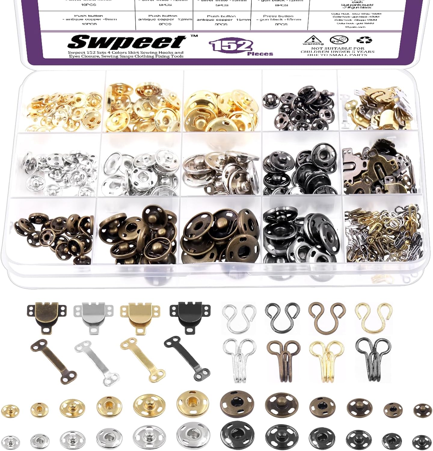 Amazon.com: Swpeet 152Pairs 3 Styles 4 Colors Skirt Hooks and Eyes ...
