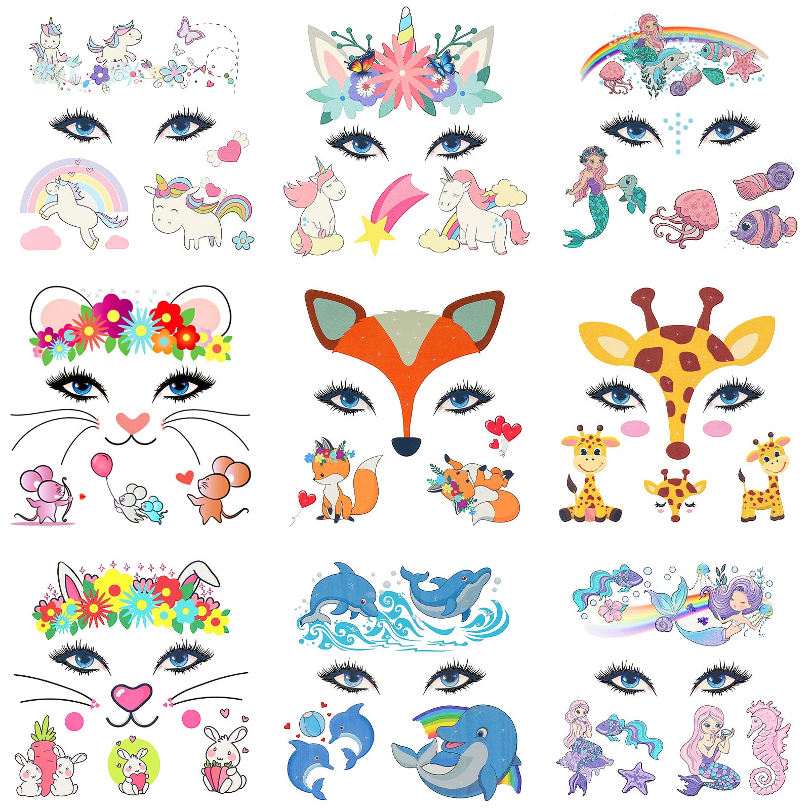Buy 9 Sheets Temporary Tattoos for Kids Animal Face Sticker Kids ...