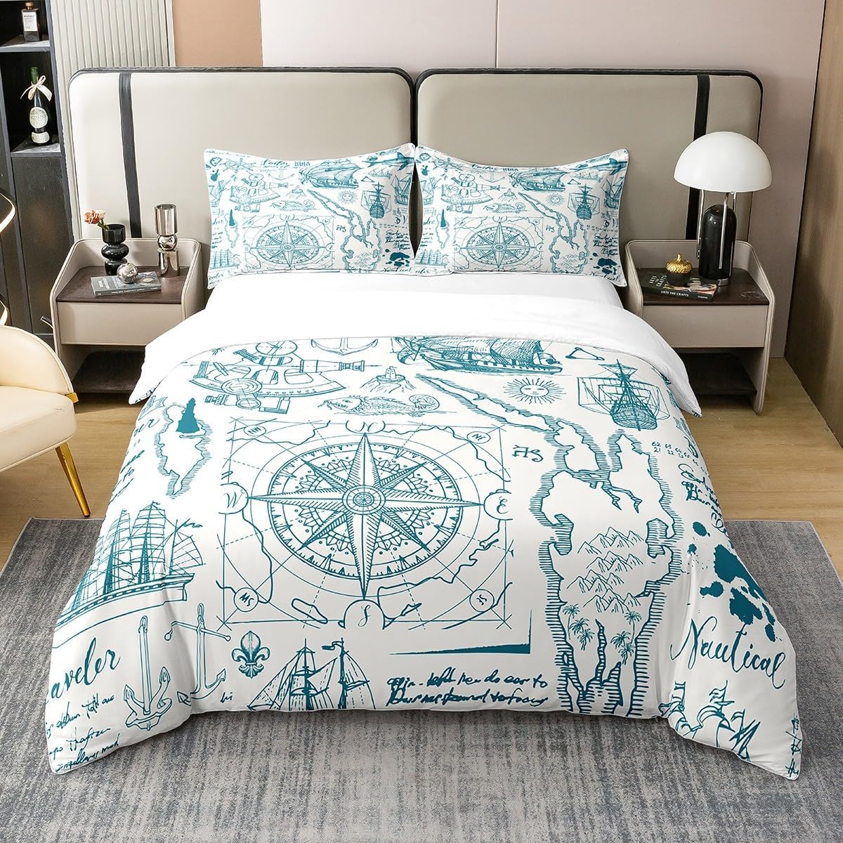 Homewish Nautical 100% Cotton Duvet Cover Super King Retro Sailboat ...