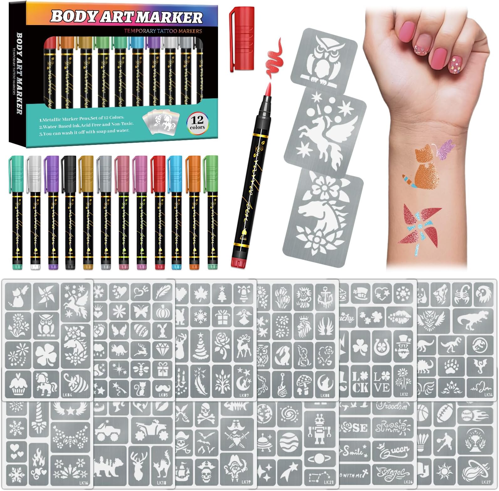 Amazon.com : Temporary Tattoo Markers for Skin, 12 Metal Body Markers + 169 Large Tattoo ...