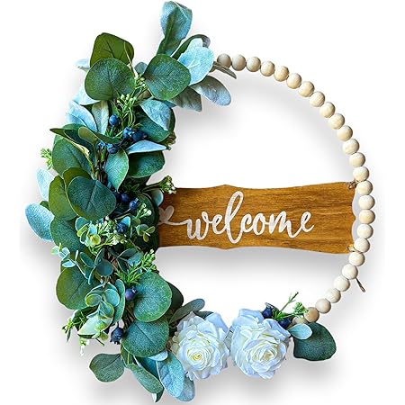Falls Oak Welcome Sign for Front Door, Wood Beads and Eucalyptus Wreath ...