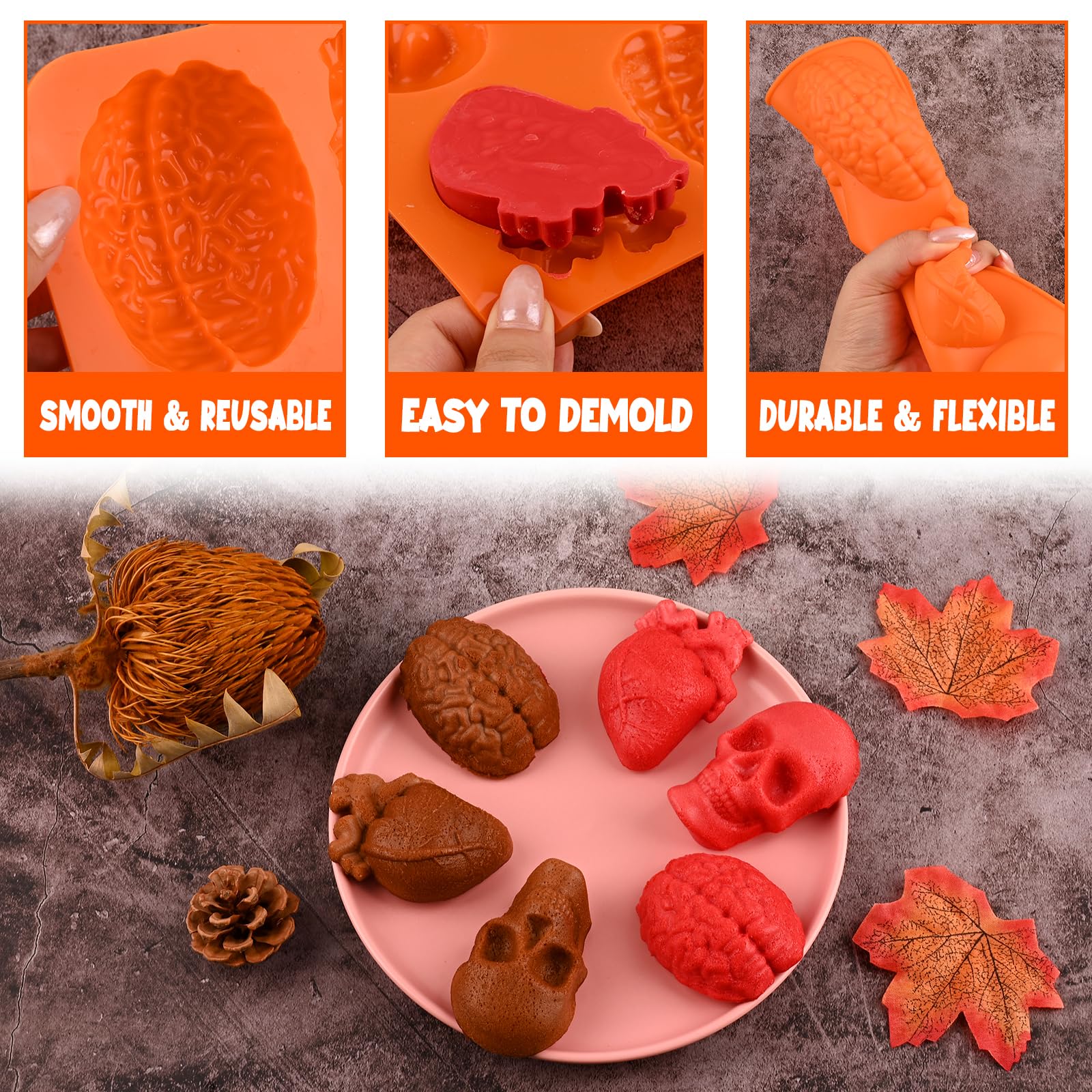 Snapklik.com : Brain+Heart+Skull Cake Mold, 2 Pack Halloween Human ...