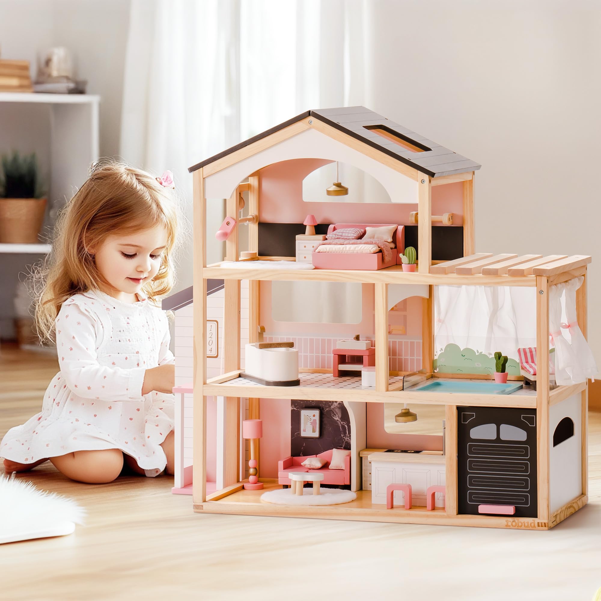 Amazon.com: ROBUD Wooden Dollhouse, 6 Rooms Wooden Doll House with ...