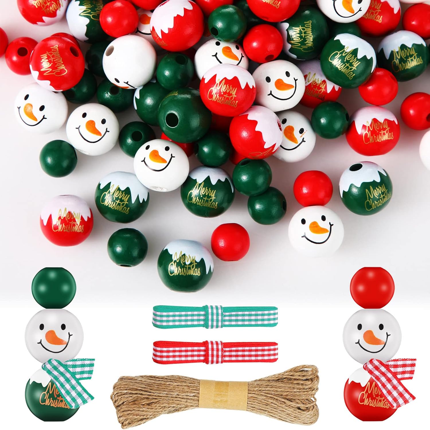 Jetec 120 Pieces Christmas Snowman Wooden Beads Winter Bead Print Wood ...
