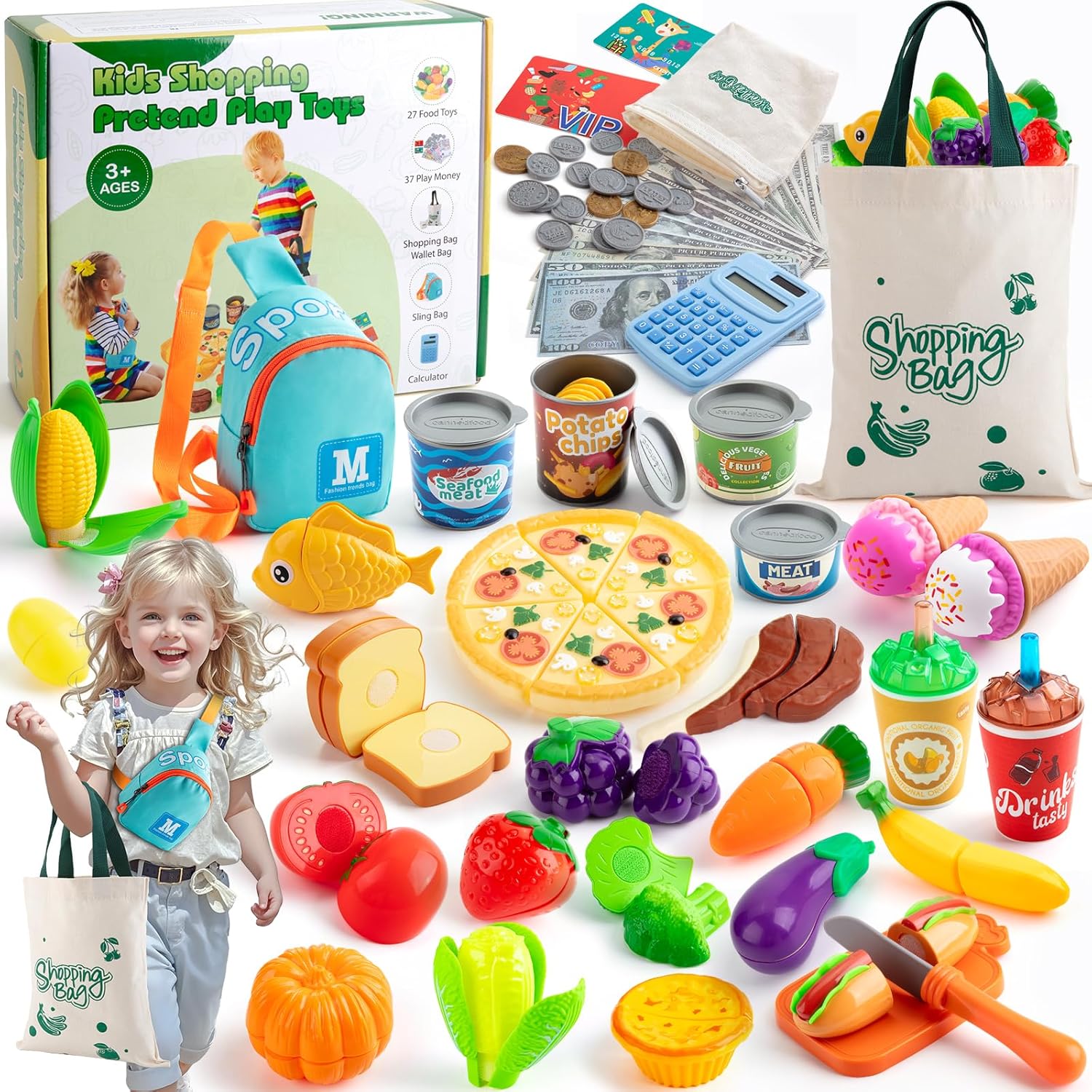 Amazon.com: 68PCS Cutting Play Food Sets for Kids Kitchen, Grocery ...