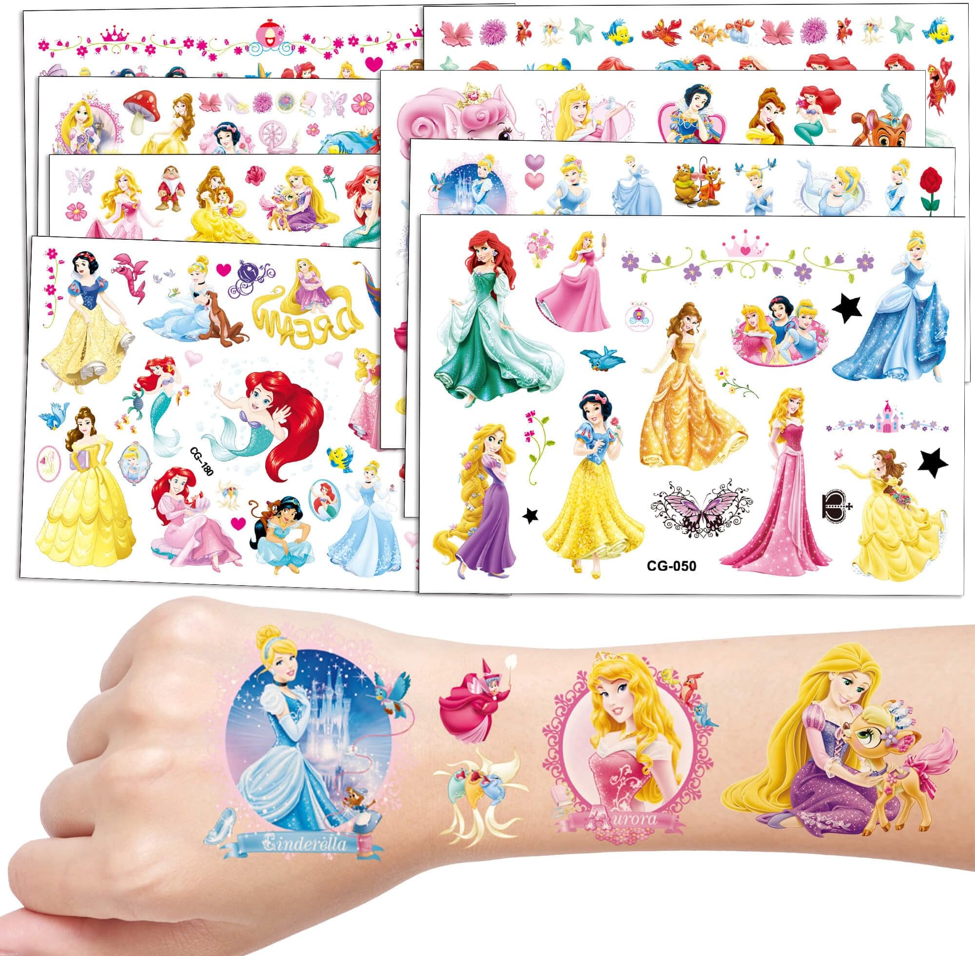 Amazon.com : 8 Sheet Princess Temporary Tattoos for Kids,Princess ...