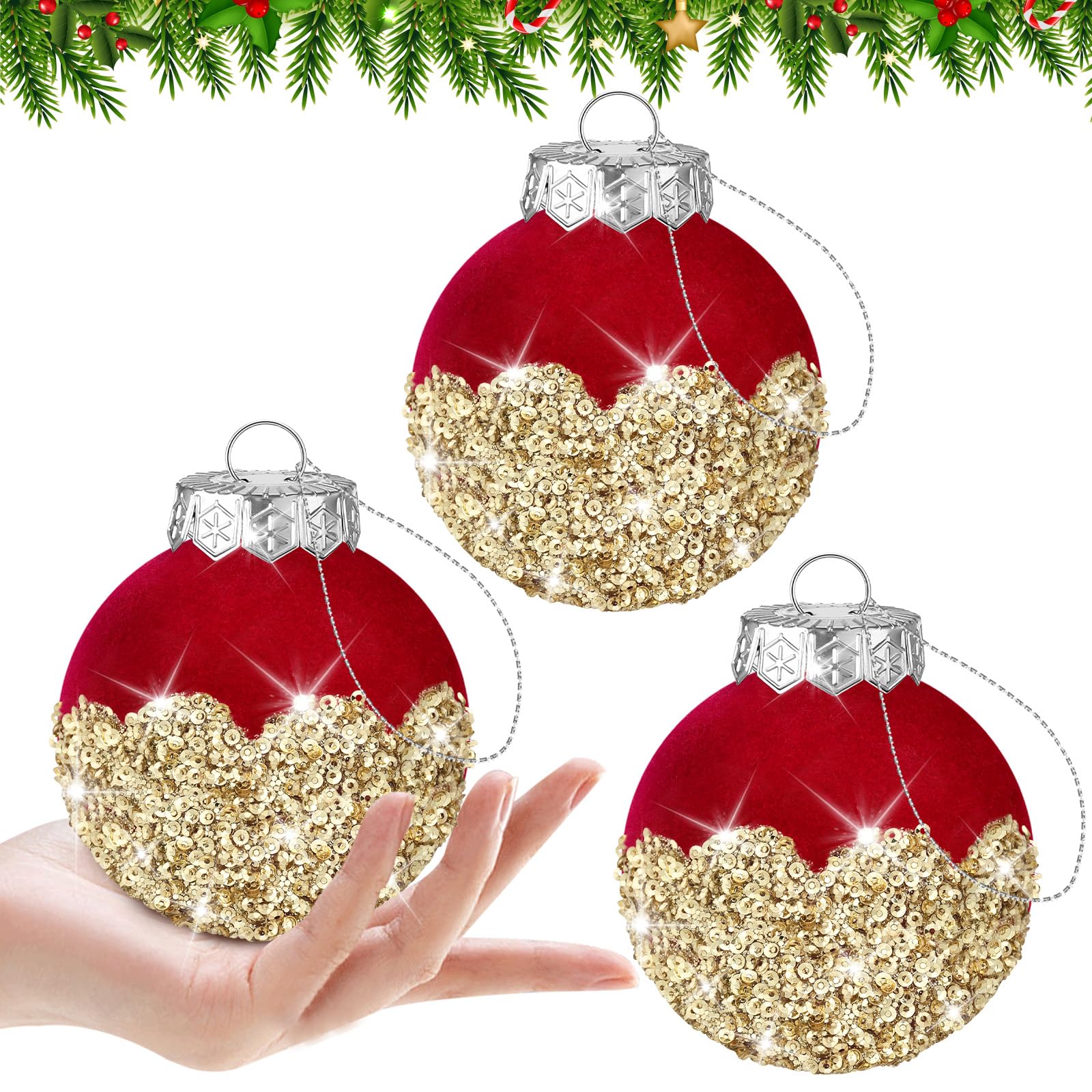 Amazon.com: 3 PCS Red Velvet Glitter Christmas Balls Ornaments Flocked ...