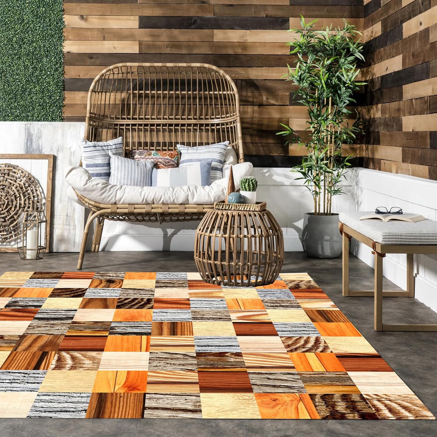 Amazon.com: Square Patchwork Modern Geometric Brown Grey Rug for Patio ...