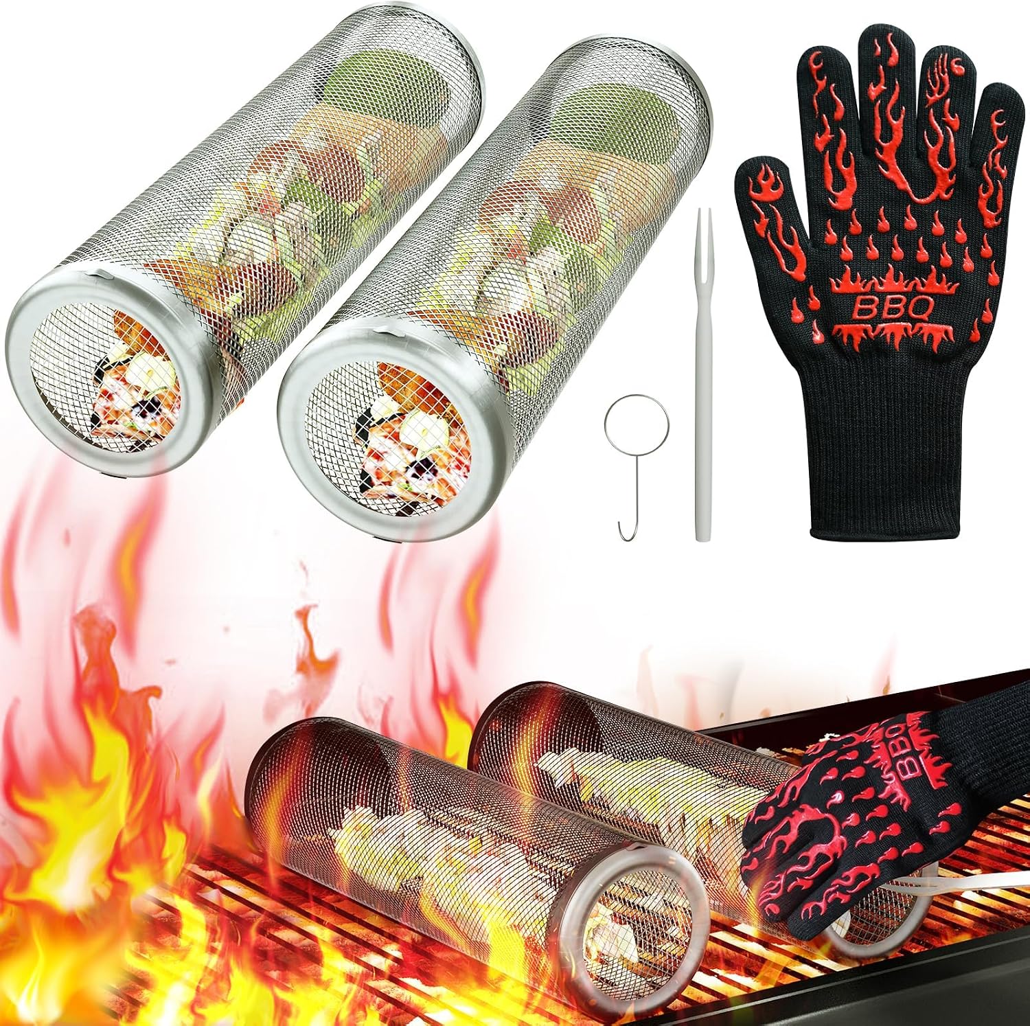 Amazon.com: 2pc 11.8inch Rolling Grill Basket, Rolling Grilling Baskets ...