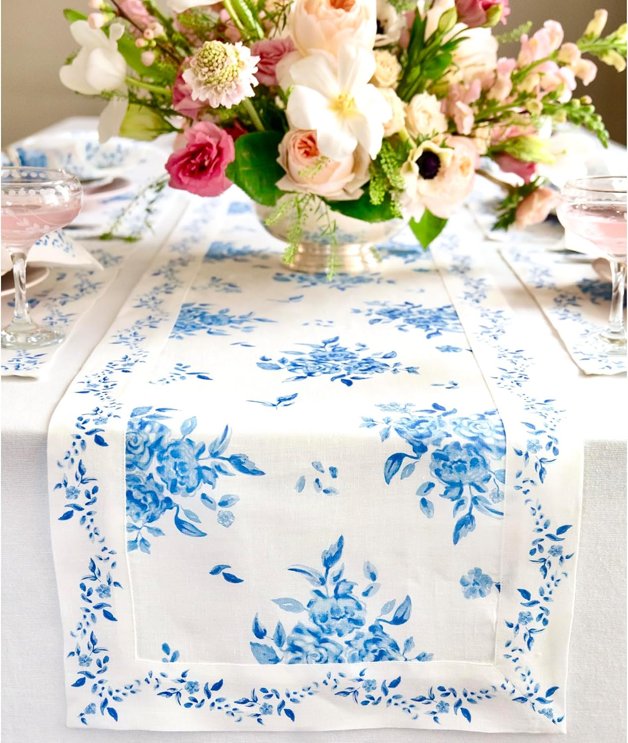 Amazon.com: Solino Home Blue Floral Print Table Runner 60 inch - 100% ...