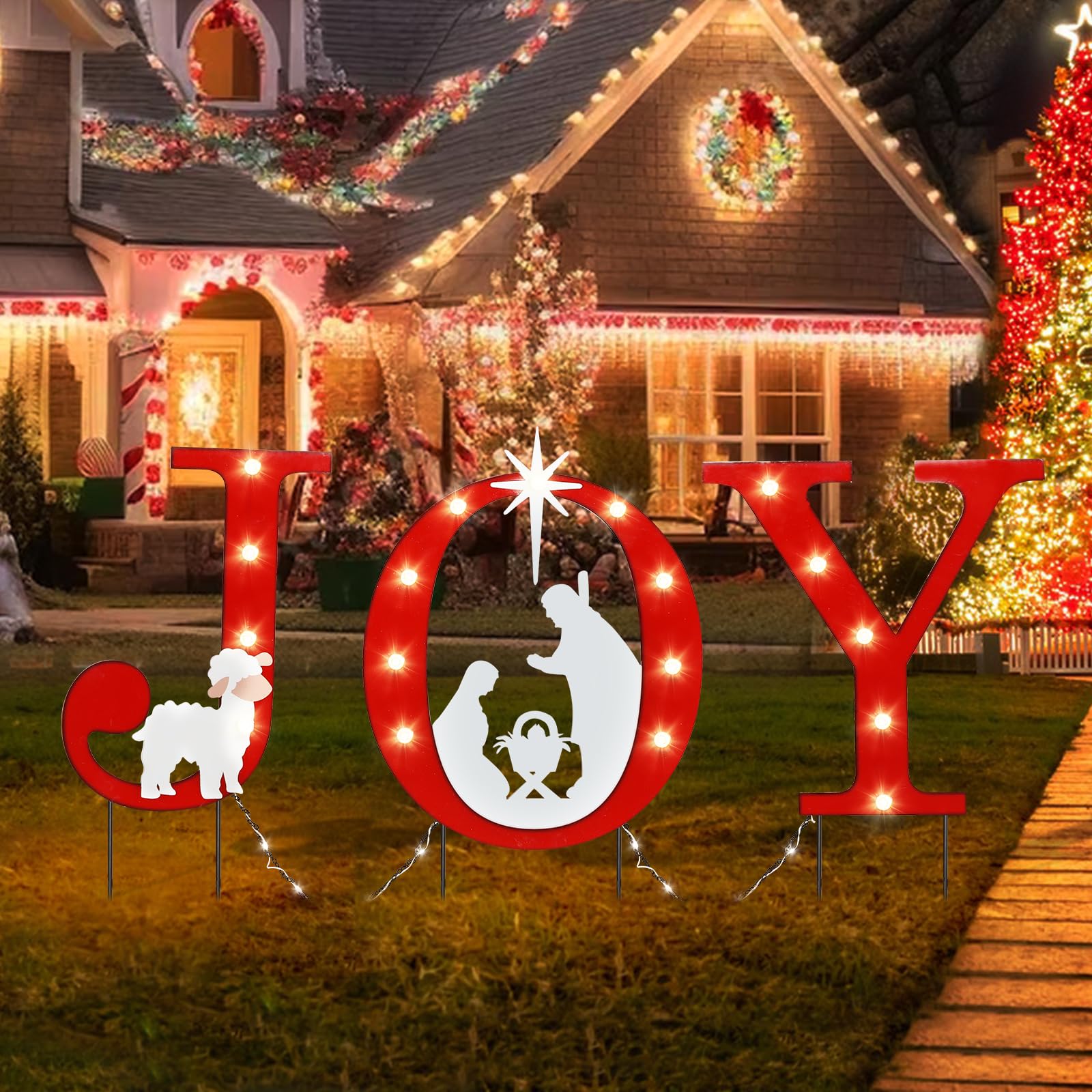 Snapklik Christmas Metal Yard Stakes Lighted Joy And Nativity