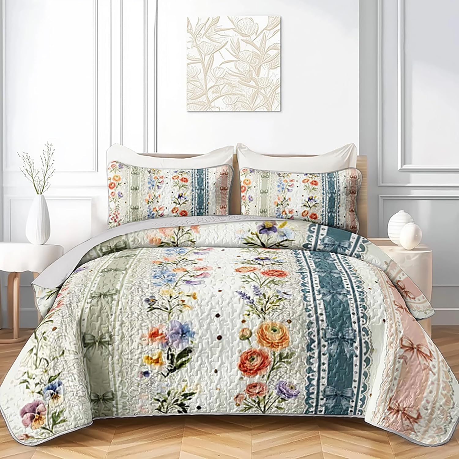 Amazon.com: AILONEN King Size Colorful Floral Quilted Bedding Set, 3 ...