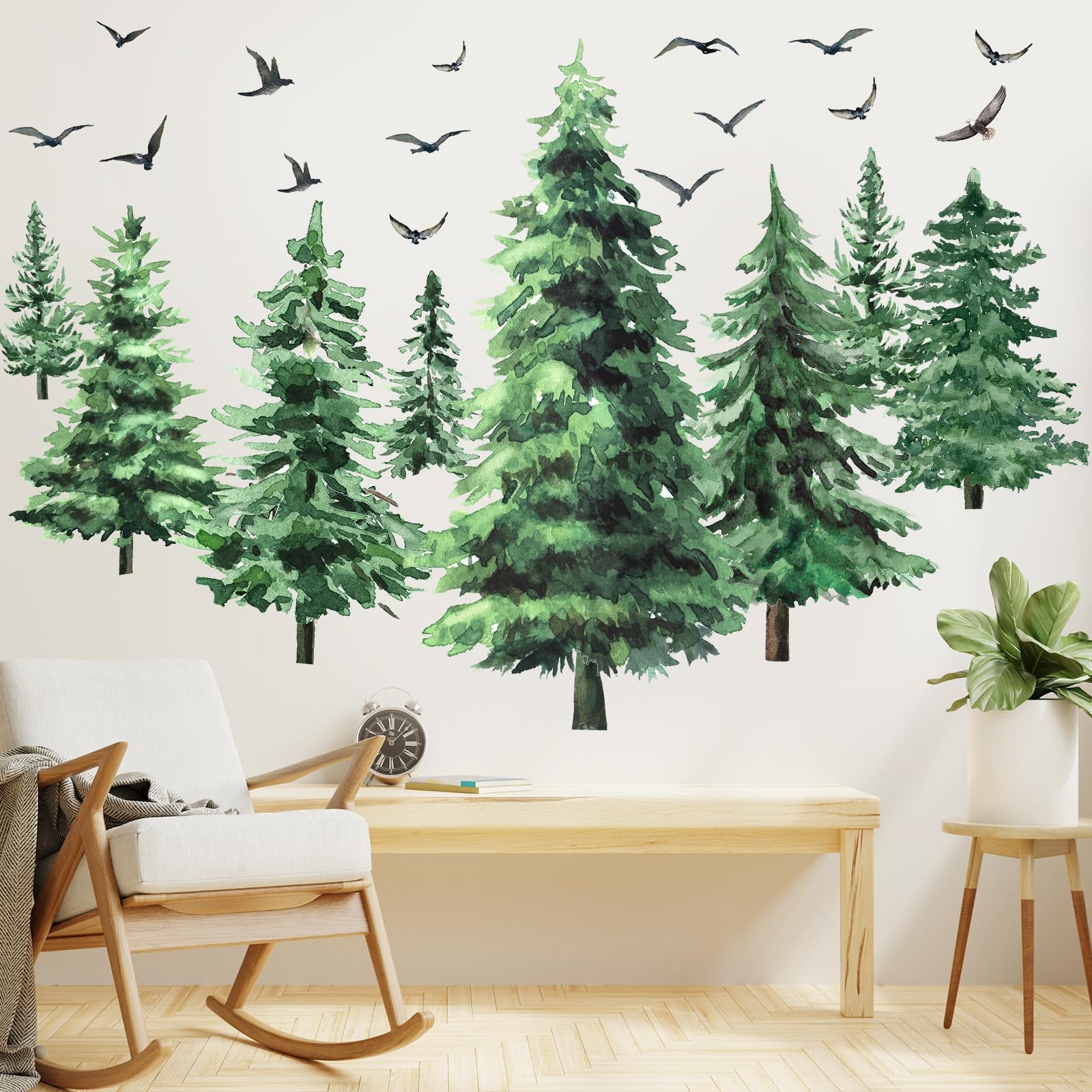 Amazon.com: Qilery Watercolor Pine Tree Wall Decals Large Tree Wall ...