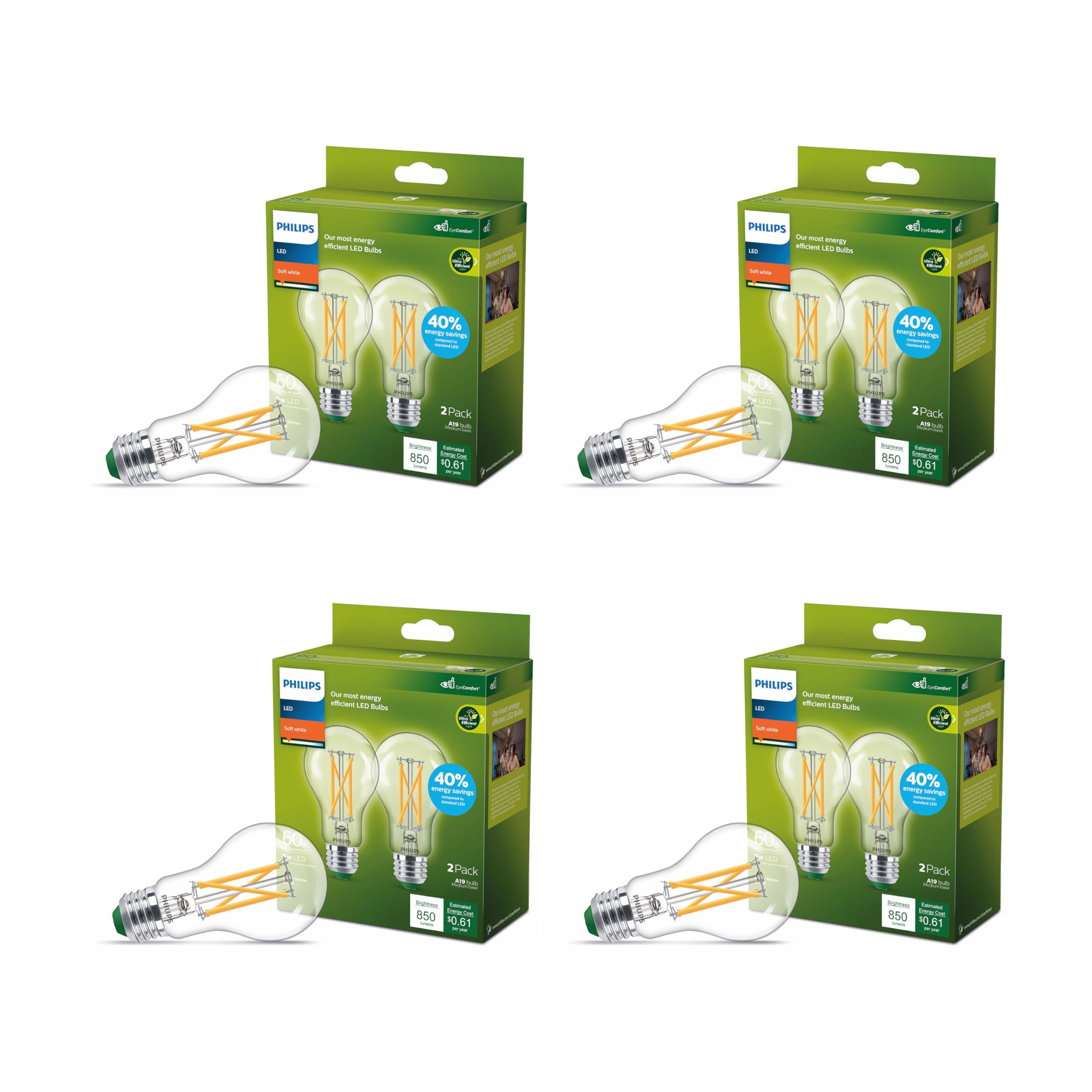 Philips A19 Ultra Efficient Clear Dimmable LED Light Bulbs - Flicker ...