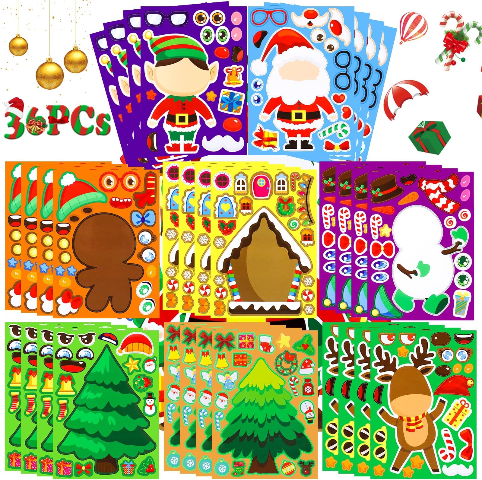 Amazon.com: 32 Sheets Christmas Make a Face Sticker for Kids, DIY Make ...