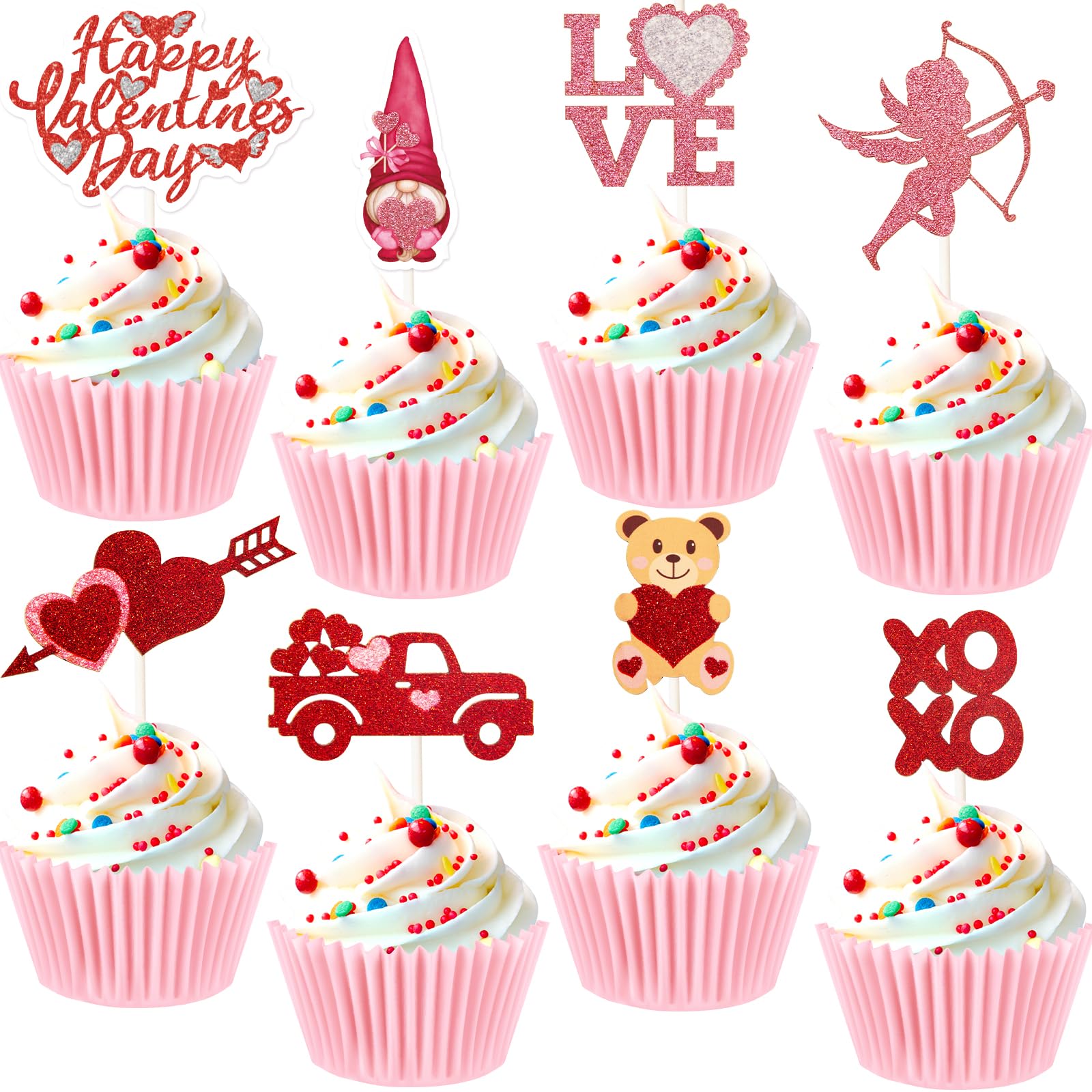 Amazon.com: 24PCS Happy Valentine's Day Cupcake Toppers Glitter Heart ...