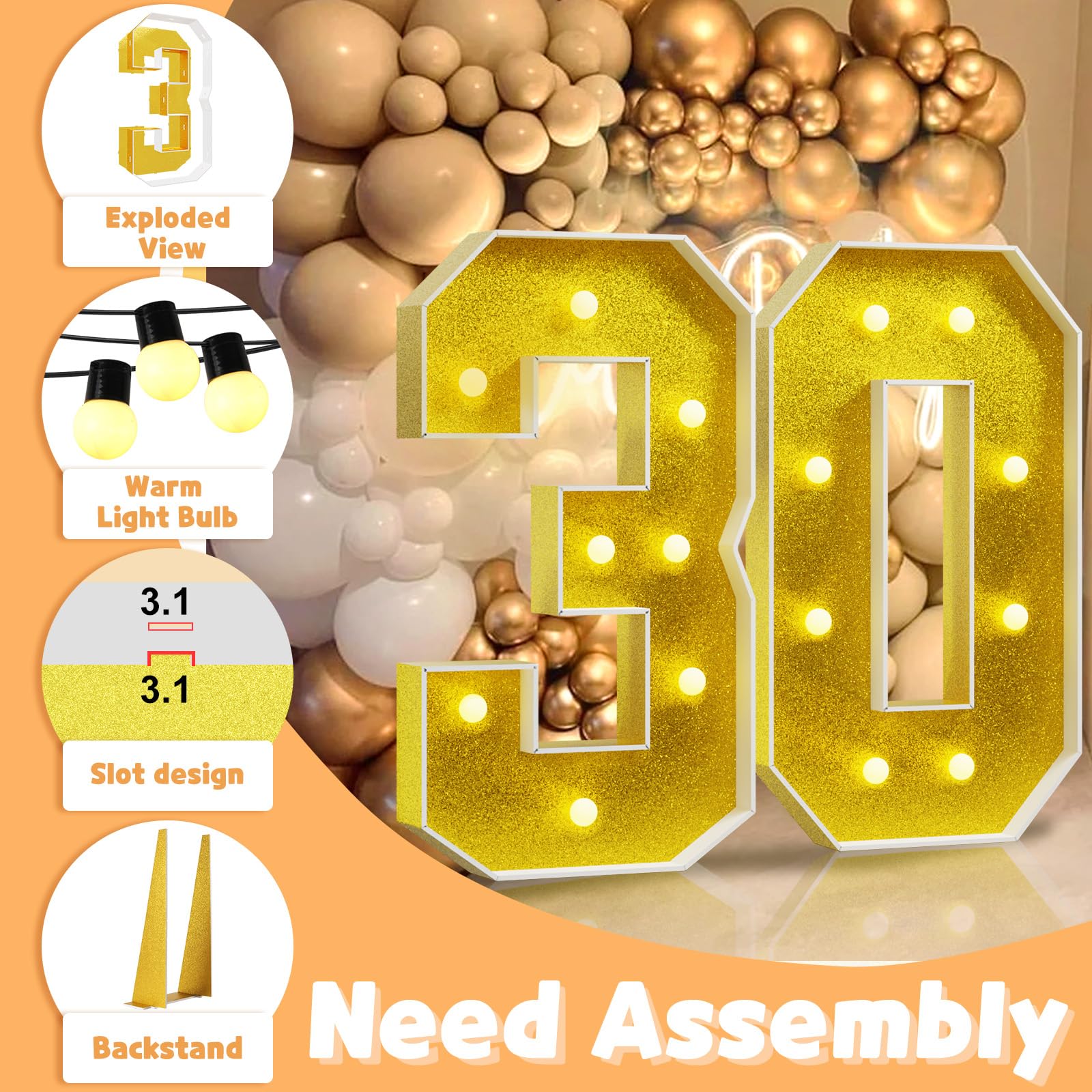 Snapklik.com : Imprsv 3FT Gold Marquee Numbers,DIY Light Up Numbers For ...