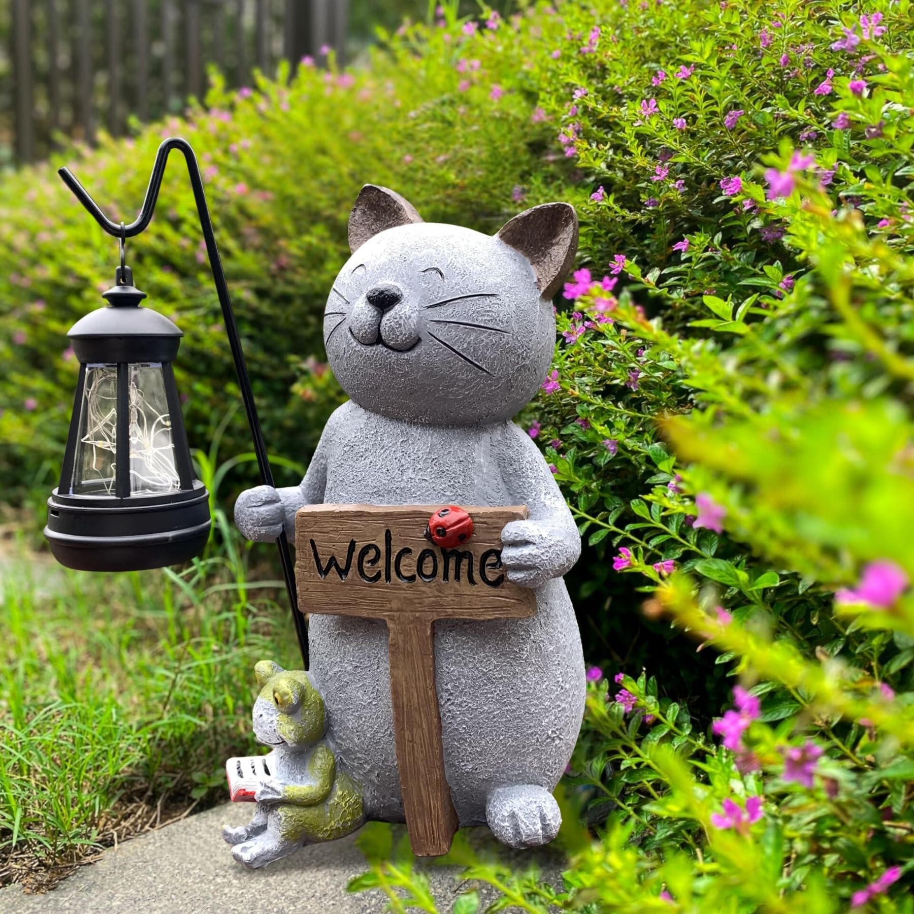 Cat Solar Garden Statue with Solar Lantern: Cat Outdoor Figurine ...