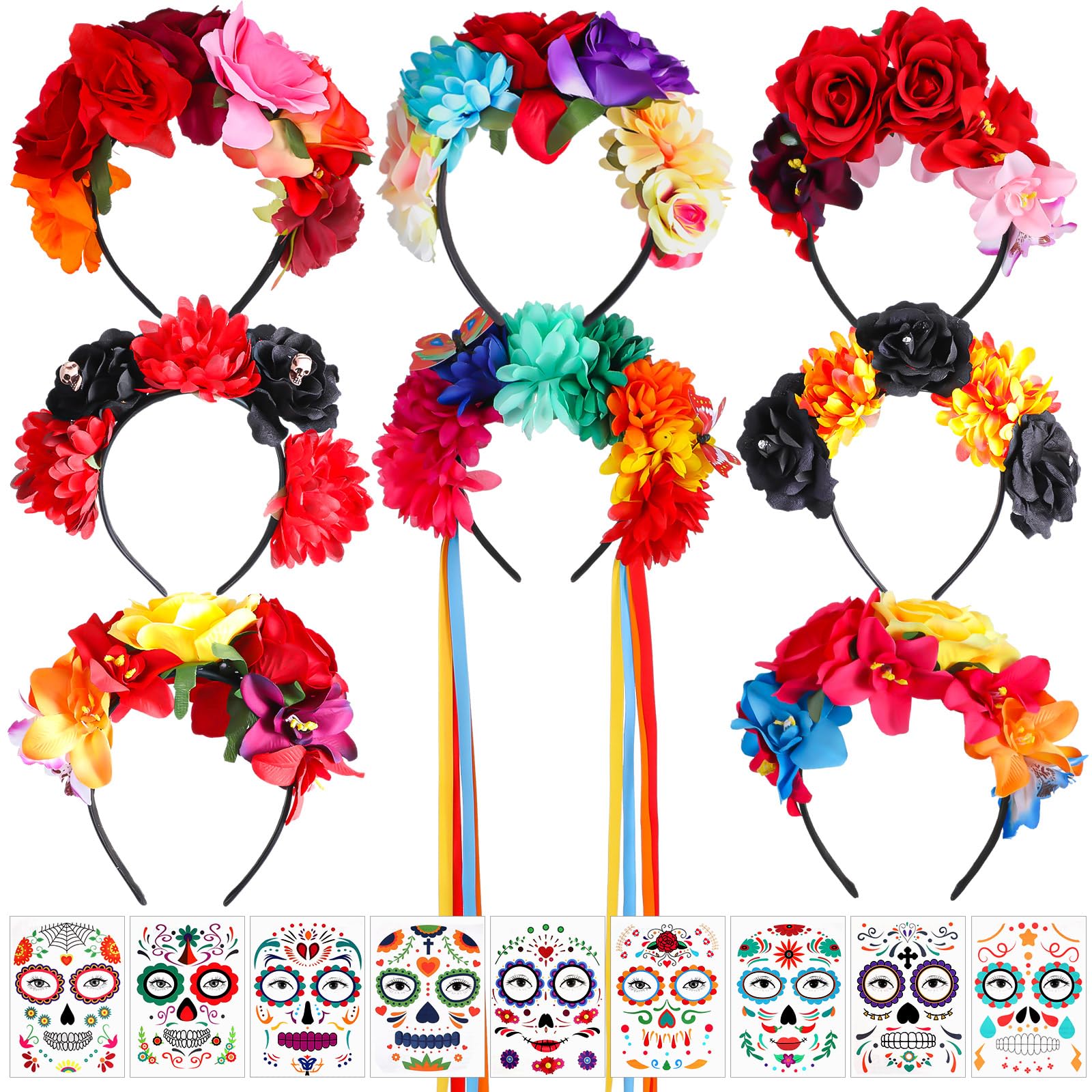Tigeen Day of the Dead Headband 8 Pcs Dia De Los Muertos Mexican Flower ...