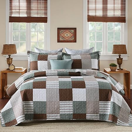 Amazon.com: PANGUSHAN 100% Cotton Quilt Set King Size, Patchwork Plaid ...