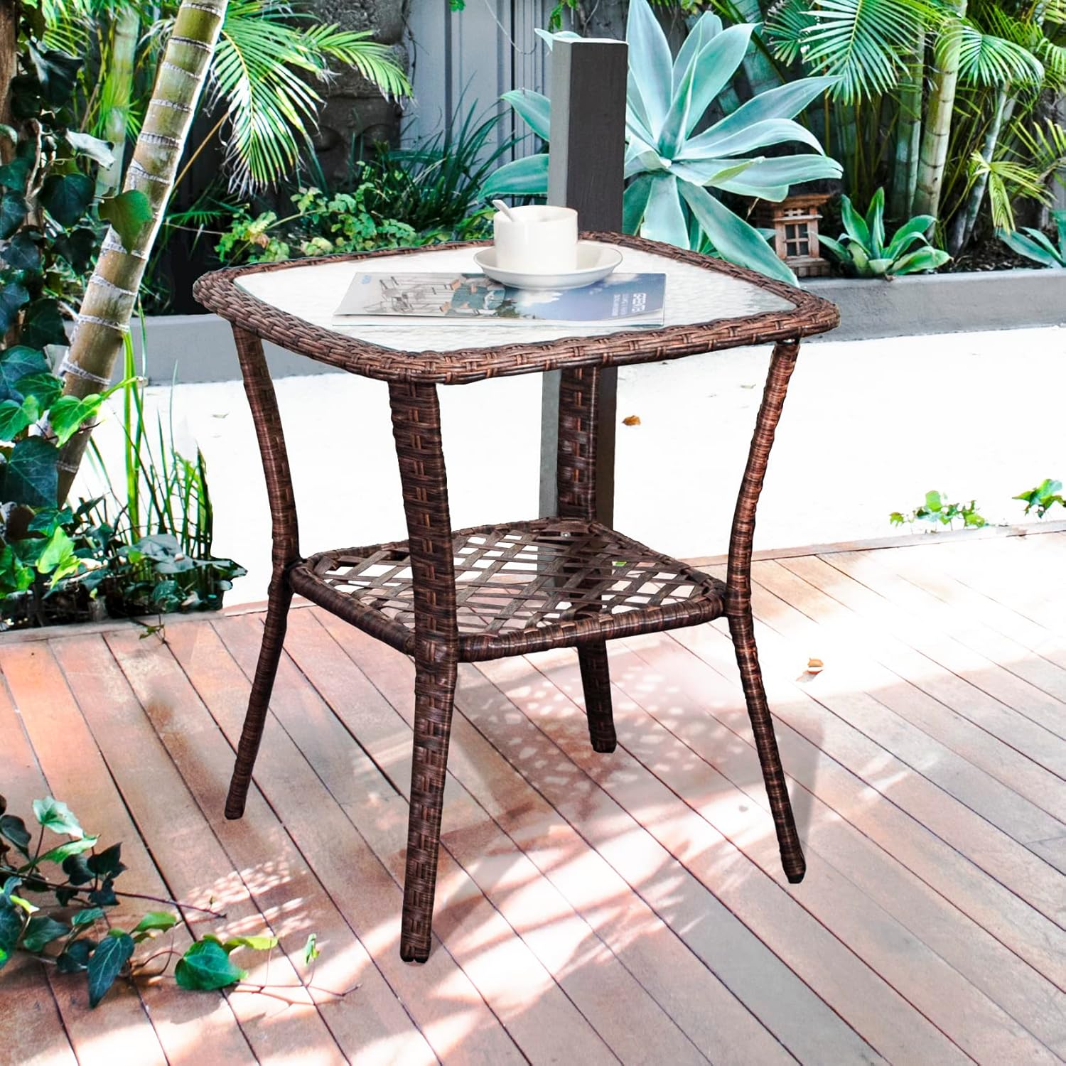 DIMAR GARDEN Outdoor Side Table Wicker Patio Coffee Table with Glass ...