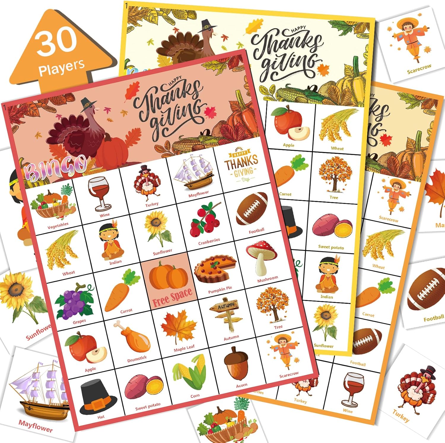 Amazon.com: VESPRO 46PCS Thanksgiving Bingo Game Cards for 30 Players ...