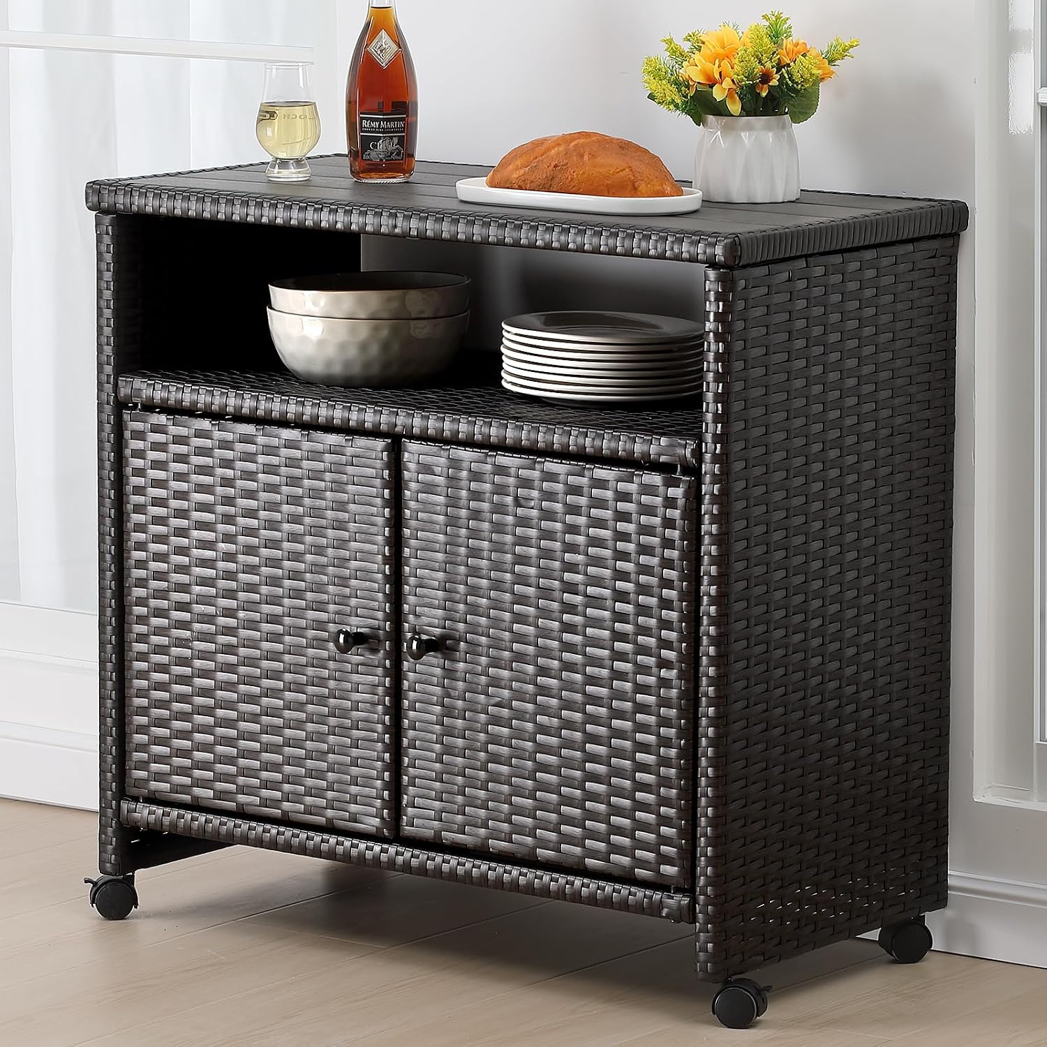 All Weather Wicker Buffet Table Outdoor Wicker Storage Cabinet Patio