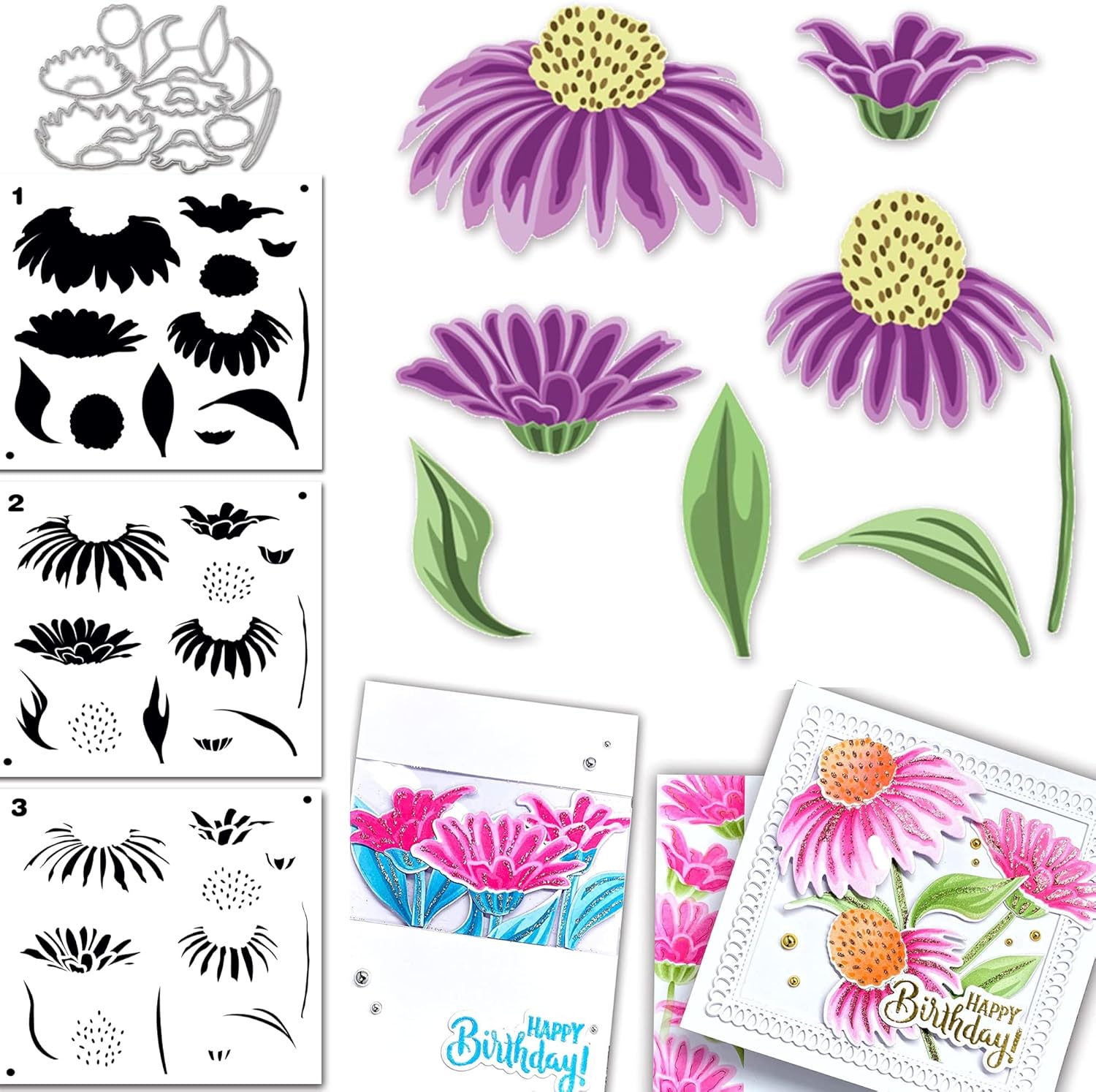 Alinacutle 5 plantillas de capas de flores de peonía y 1 juego de troqueles de marco, plantillas ...