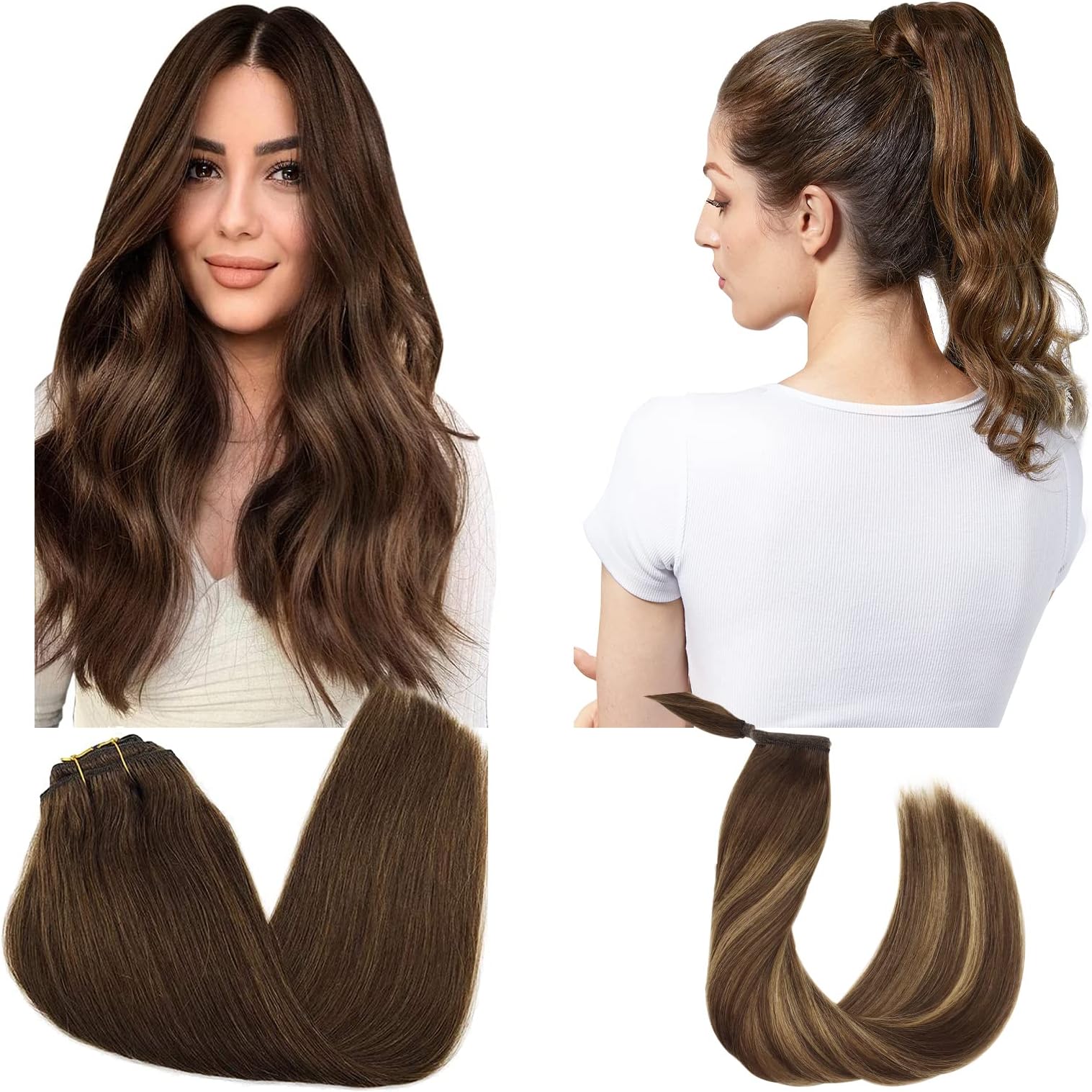 Amazon.com : GOO GOO Bundle Clip in + Ponytail Human Hair Extensions 16 ...