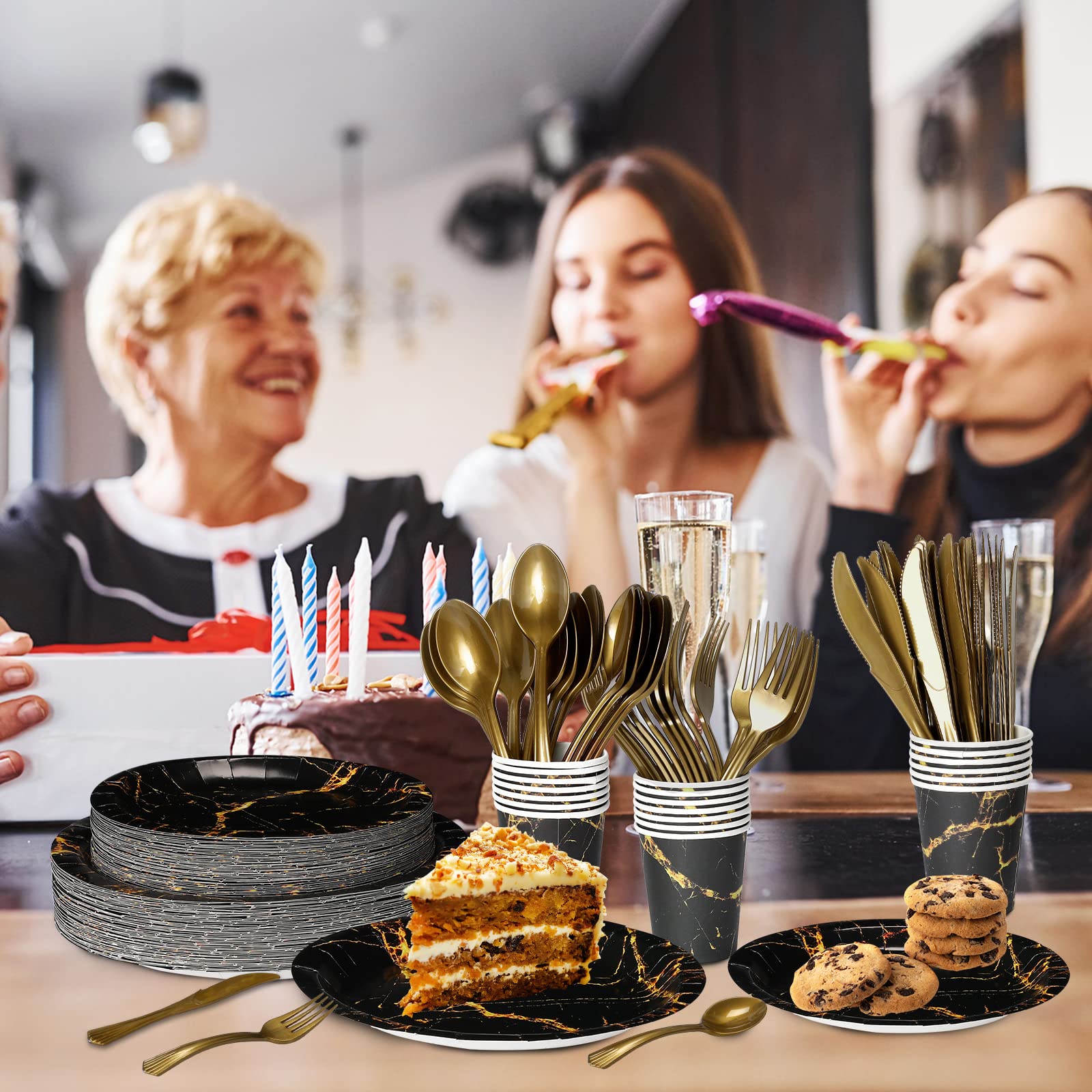 Sawysine 300 Pcs Disposable Paper Dinnerware Set 50 Guests, 100 Gold ...