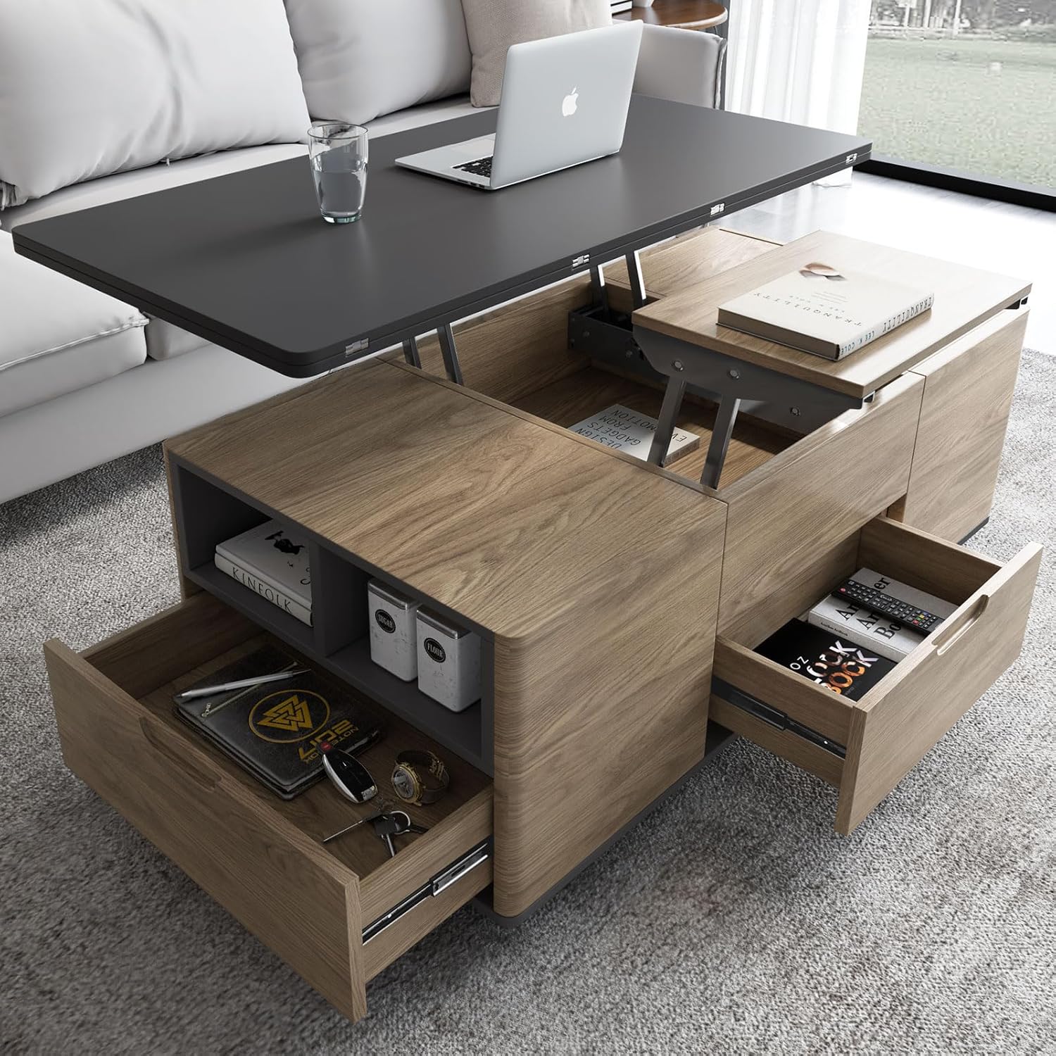 QEZEOM Lift Top Coffee Table with 4 Stools, Modern Simple Center Table ...