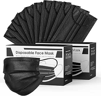 100pcs 3 Layers PLY Black Disposable Face Masks with Elastic Ear Loop ...
