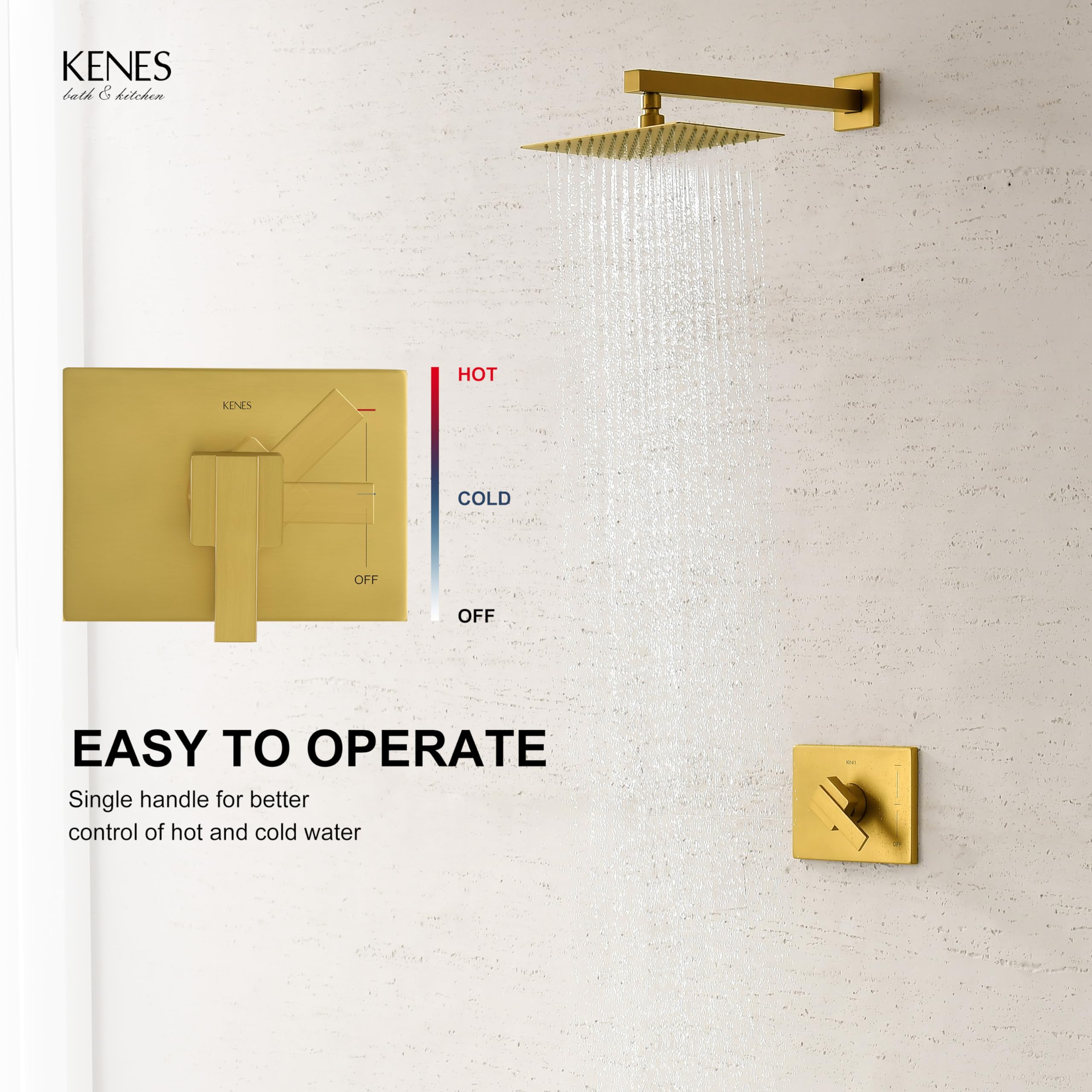 KENES Brushed Gold Shower Faucet, Modern Square Shower Trim Kit with ...