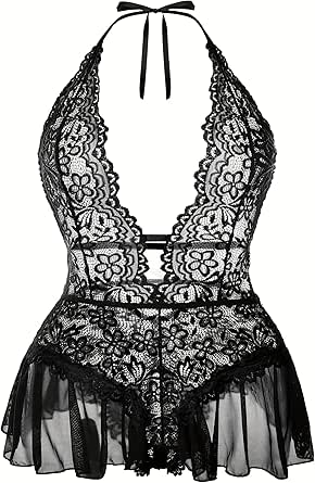 Amazon.com: allribelly Women's Plus Size Lace Bodysuit Sexy Halter V ...