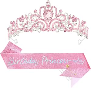Amazon.com: KEUKORZ Pink Birthday Princess Crown and Sash Set ...