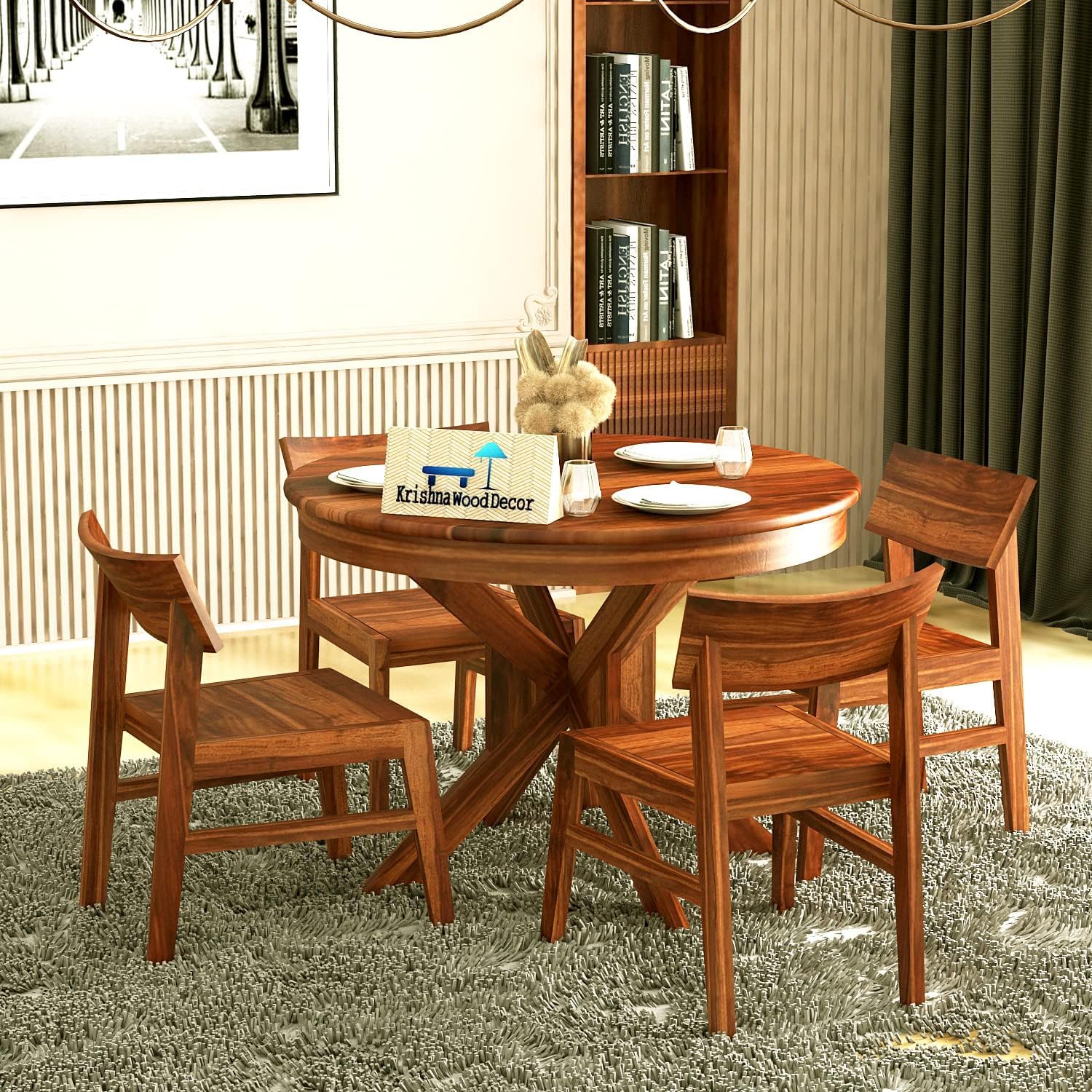 Porash Furniture Sheesham Wood 4 Seater Dining Table with 4 Cushion ...