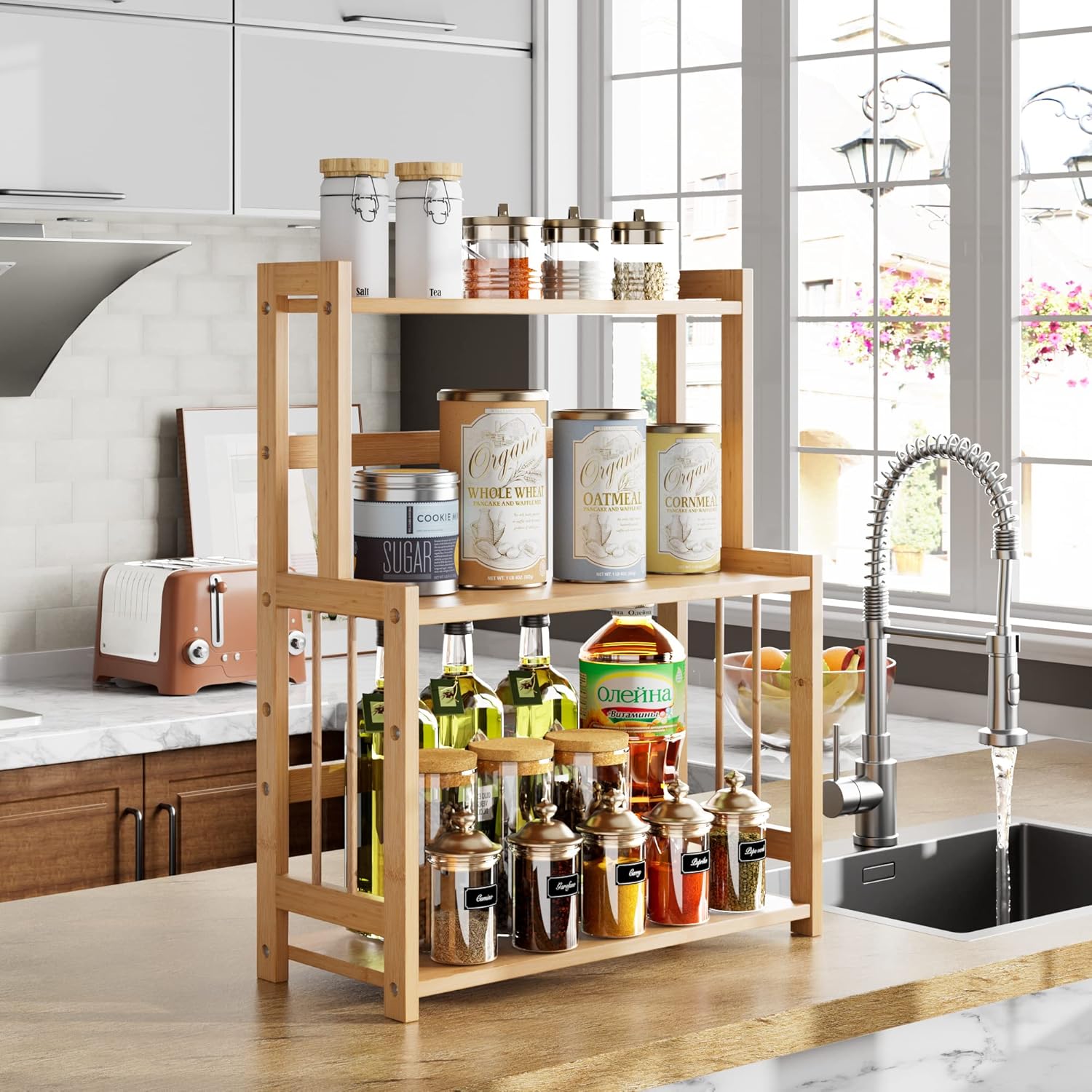hefoths Bamboo Spice Rack, Kitchen Countertop Spice Rack Organizer, 3 ...