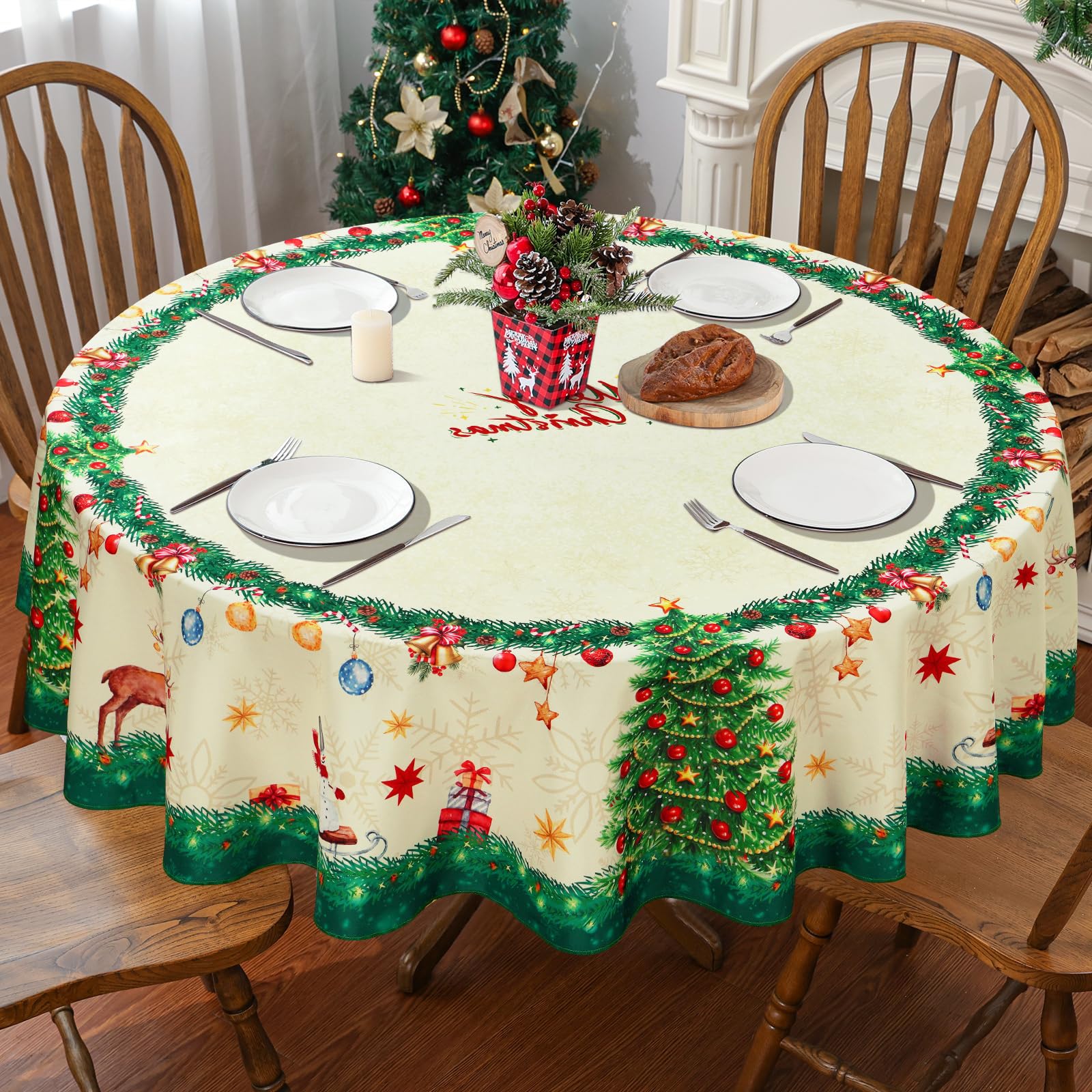 Amazon.com: FRAMICS Round Christmas Table Cloth 60 Inch, Winter Holiday ...