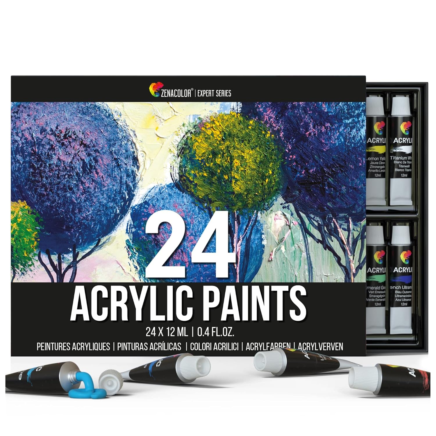 Zenacolor Acrylic Paint Set, 24 Acrylic Paints, 24 Tubes of 0.4 oz (12 ...
