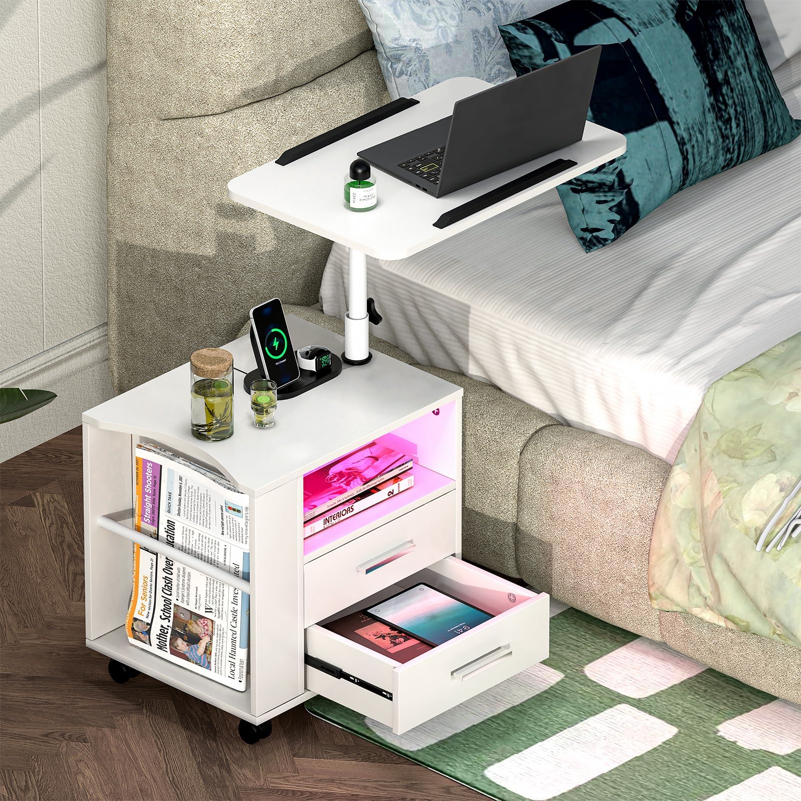 Yaheetech Table de Chevet Table de Nuit Blanc à roulettes, avec Support ...