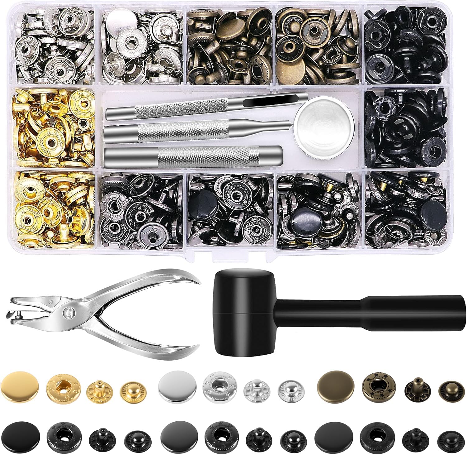 Alritz 120 Sets Leather Snap Fasteners Kit with Hammer Puncher, 12.5mm ...