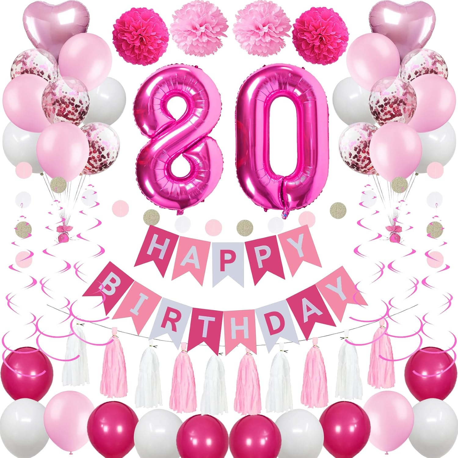 Amazon.com: Sweet 80th Birthday Decorations for Women, Pink and White ...