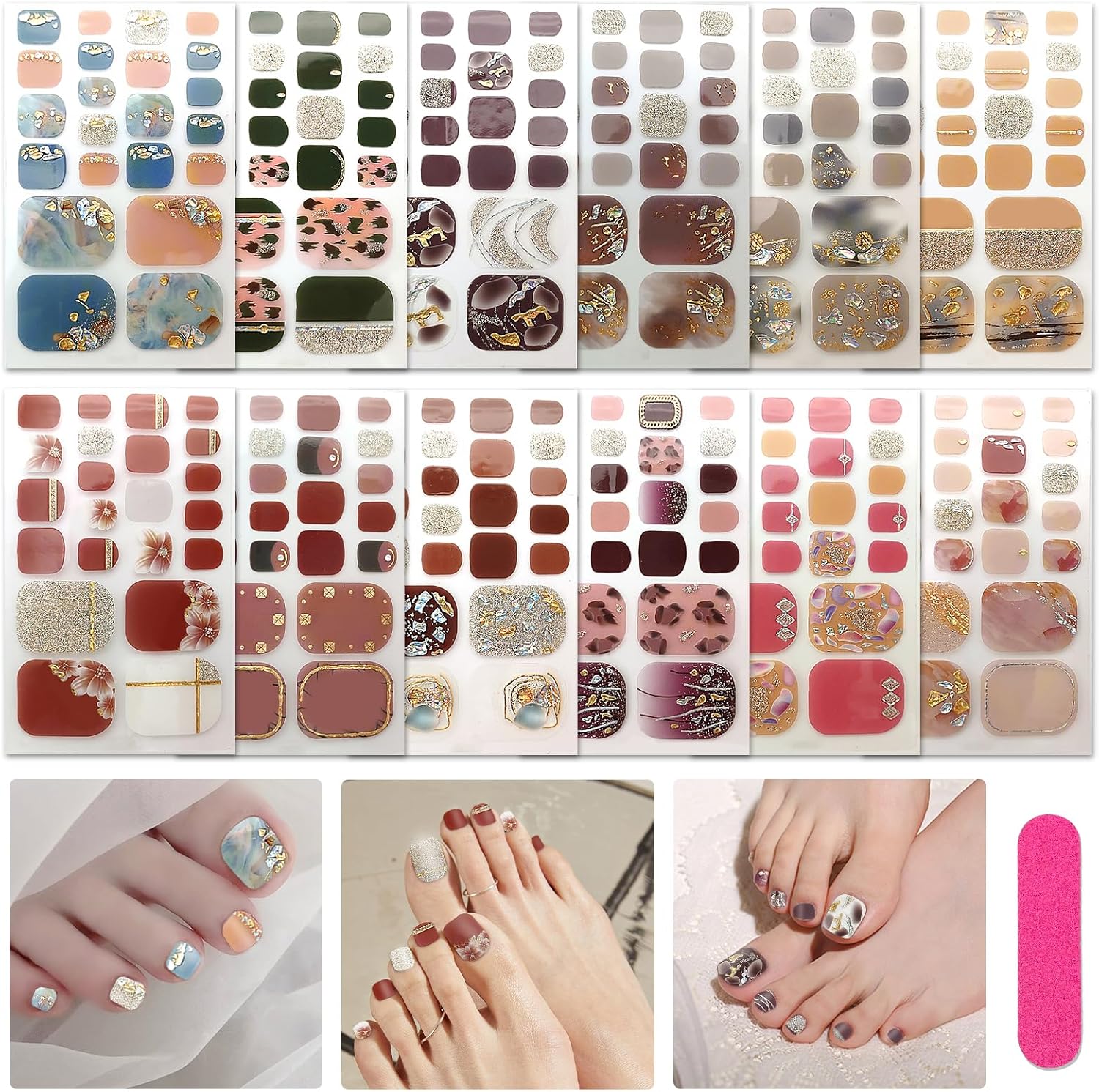 JSRQT 12 Sheets Toenail Polish Stickers, Diamond Glitter Full Wrap Toe ...