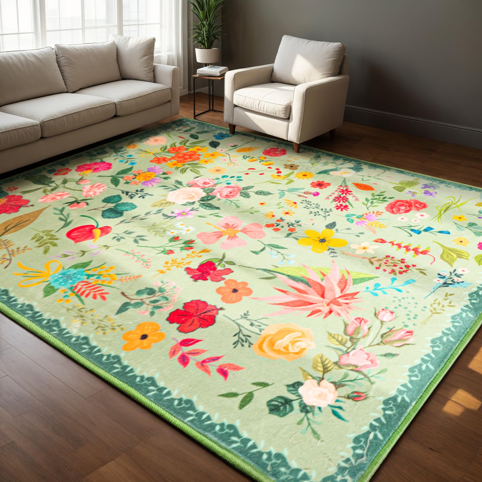 Amazon.com: CRYPTOLITE Rugs for Living Room, Floral 6x9 Non Slip Machine Washable Large Living ...