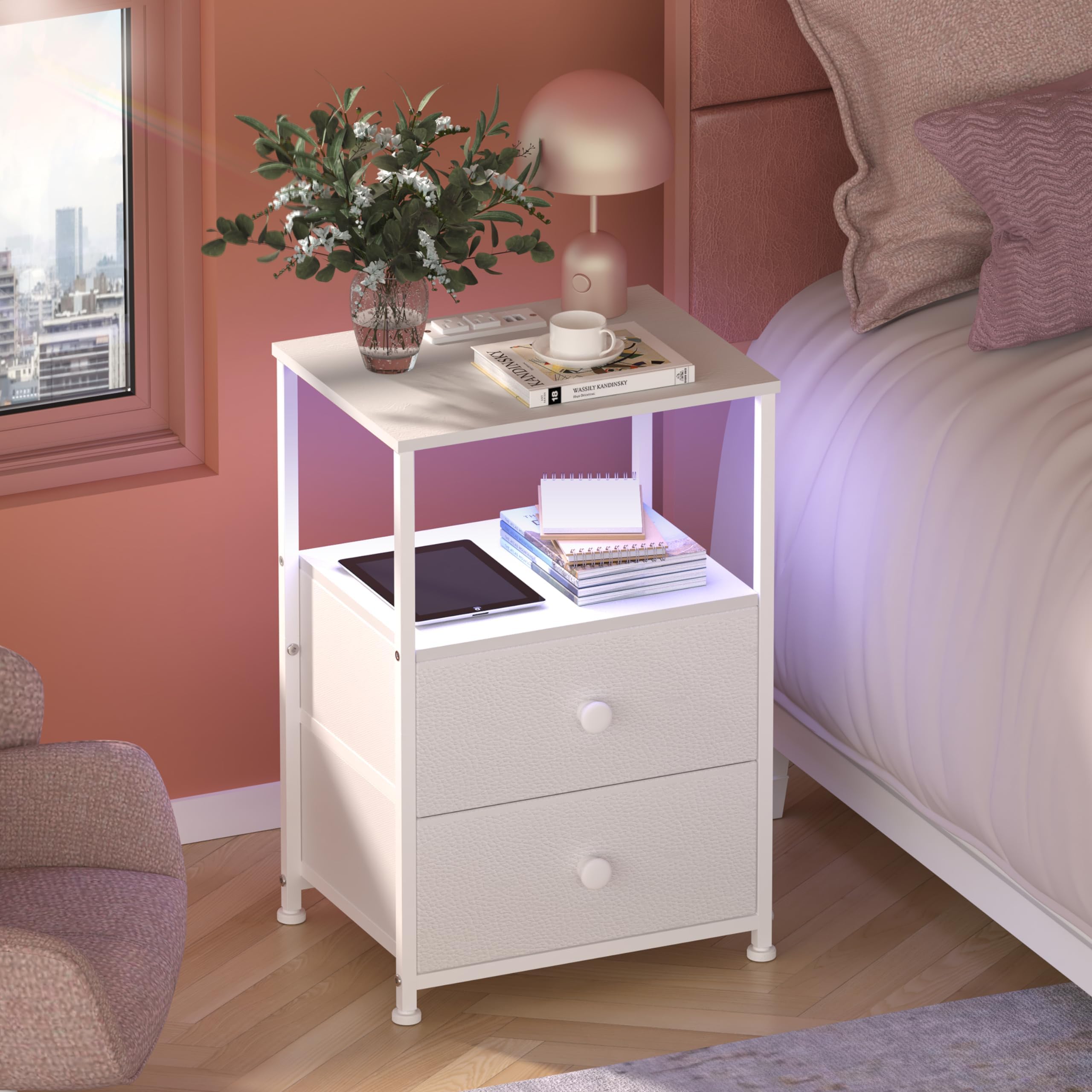 Amazon.com: Furologee End Table with Charging Station, Nightstand with Fabric Drawers, Side ...