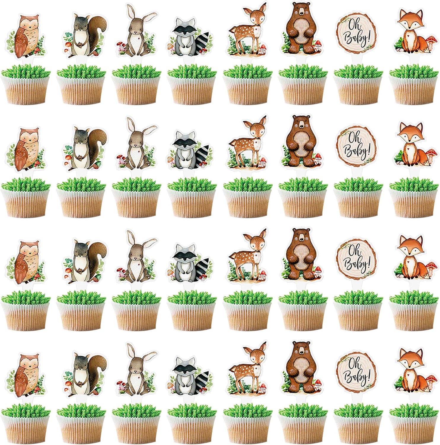 Amazon.com: Ysqool 32Pcs Woodland Animal Cupcake Toppers, Oh Baby Party ...