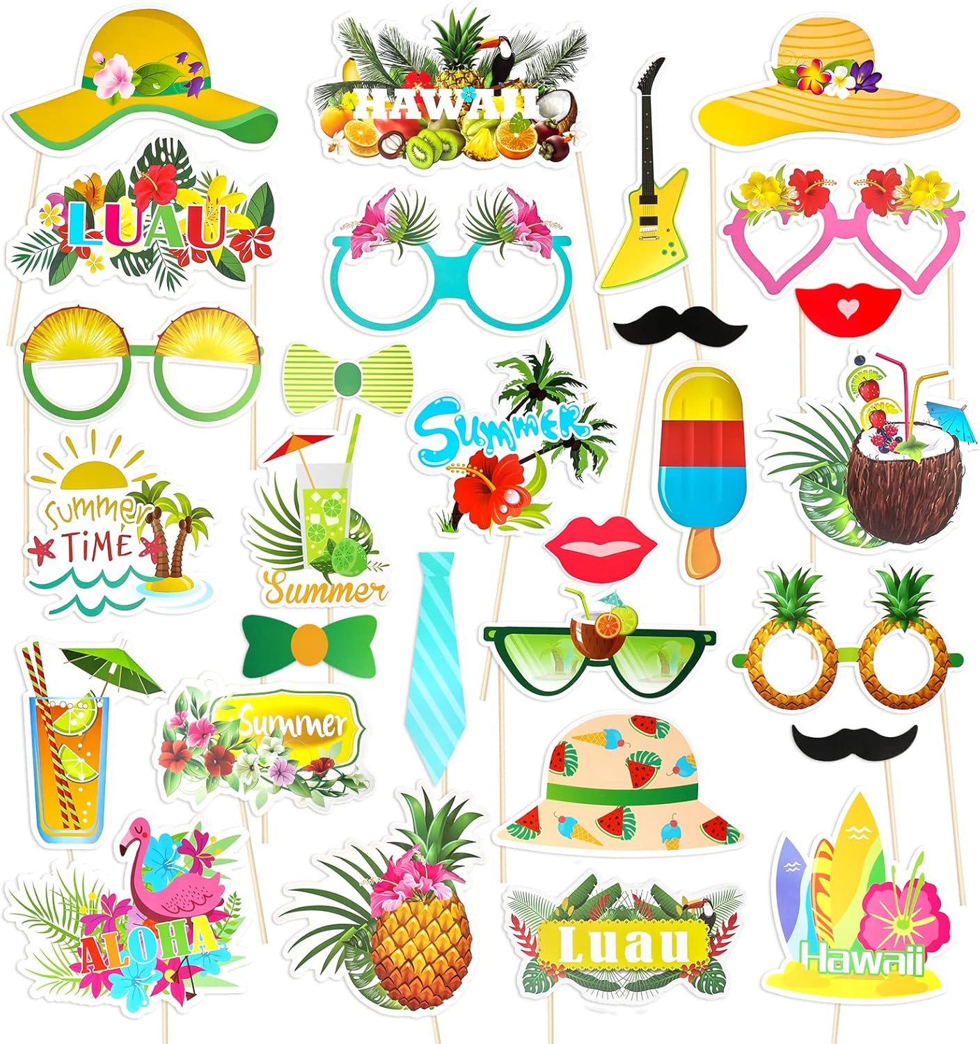 Amazon.com: PHOGARY Hawaiian Luau Photo Booth Props Kit, 29pcs ...