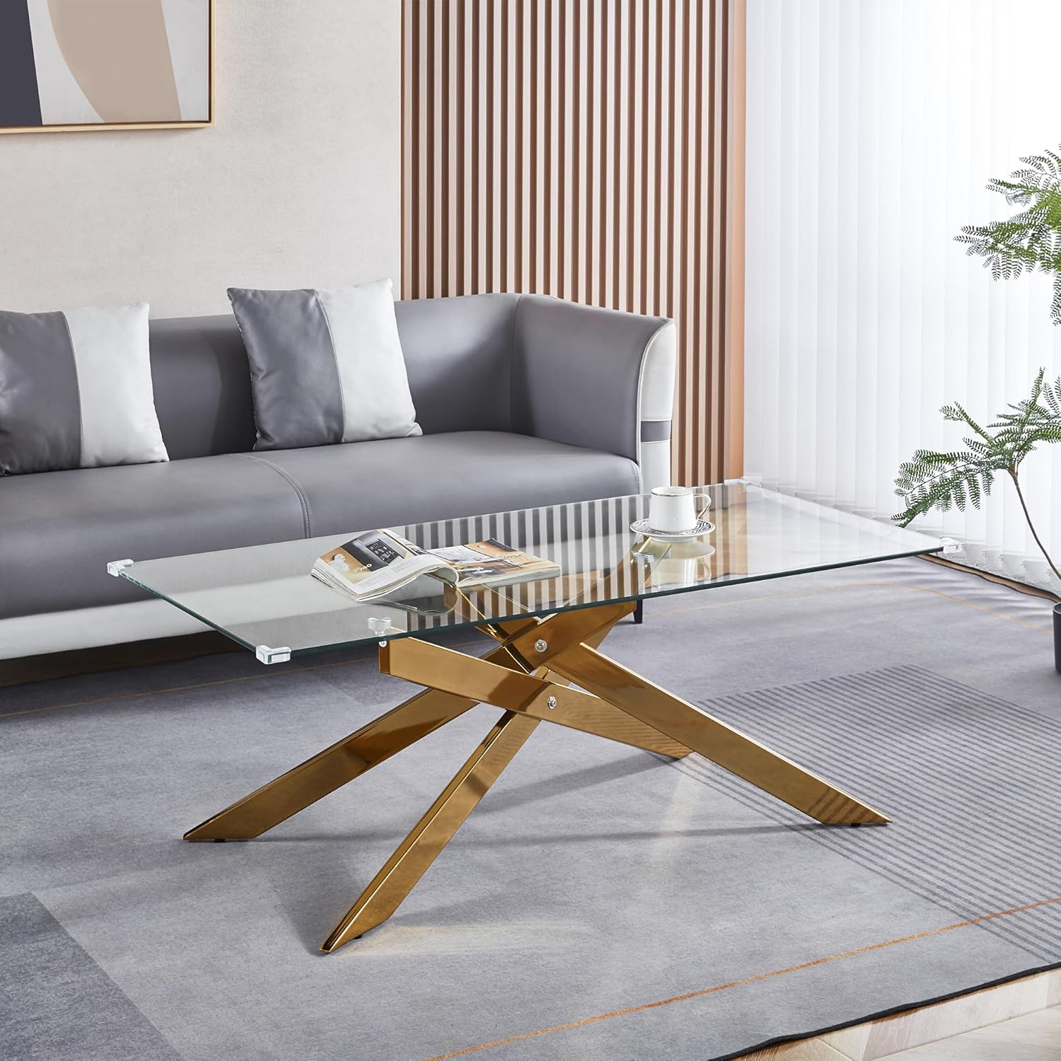 Amazon.com: Rectangle Modern Coffee Glass Table, Coffee Center Table Tempered Glass Top and Gold ...