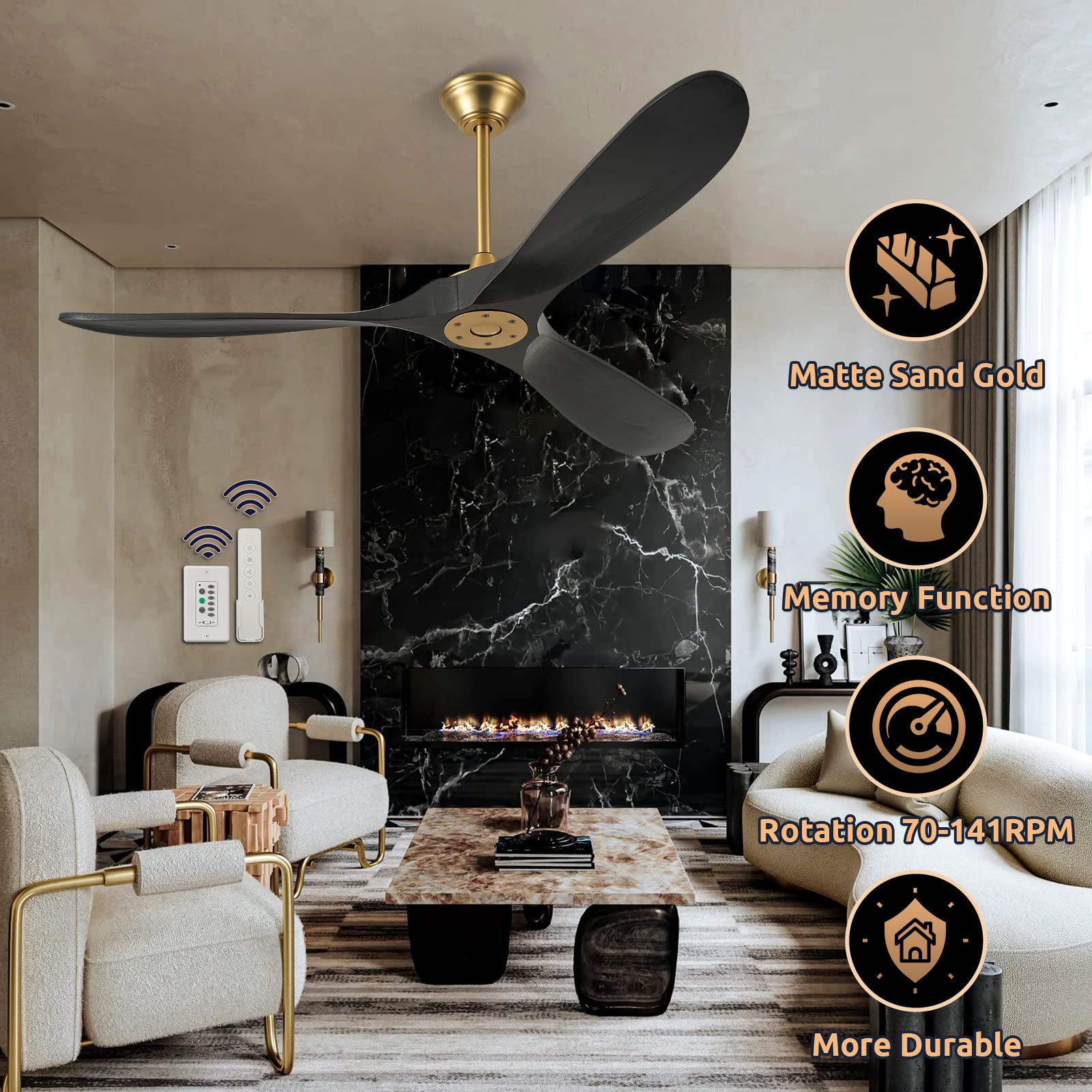 Snapklik.com : 60 Inch Black Gold Ceiling Fans No Light Modern Indoor ...